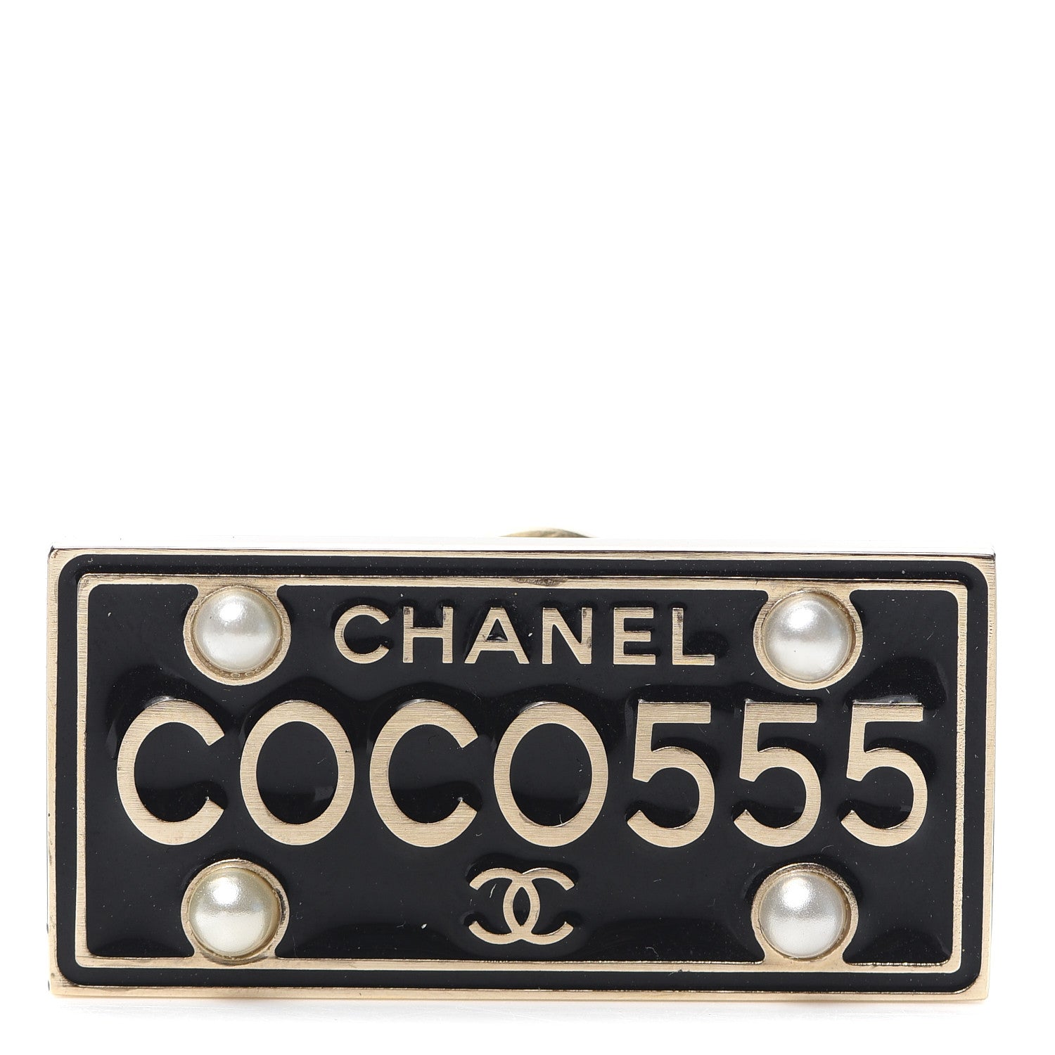 Chanel Metal Resin Pearl Coco License Plate Brooch Black Gold 806506 ...