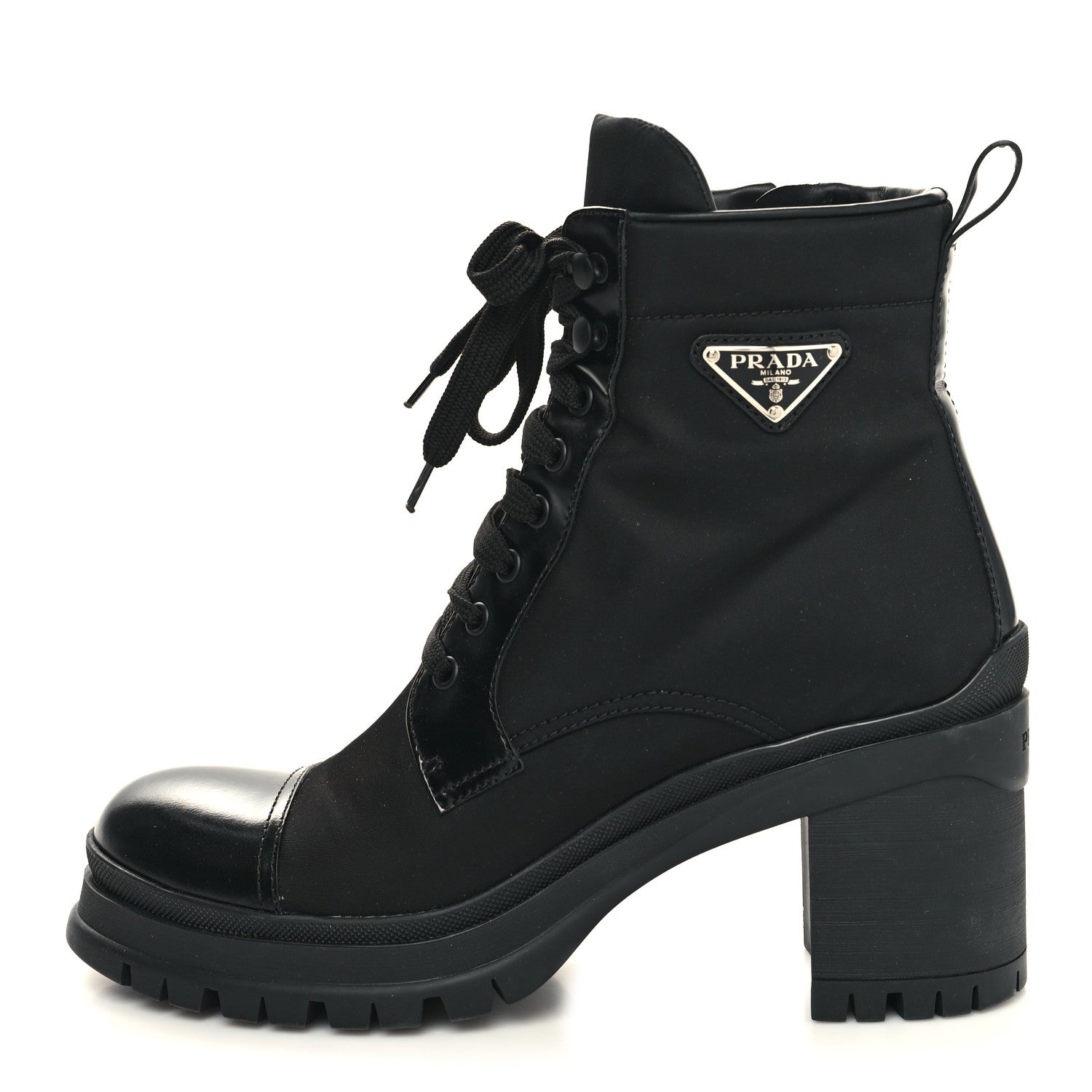 Prada Spazzolato Re-Nylon Metal Triangle Logo Lace Up 55mm Ankle Boots ...