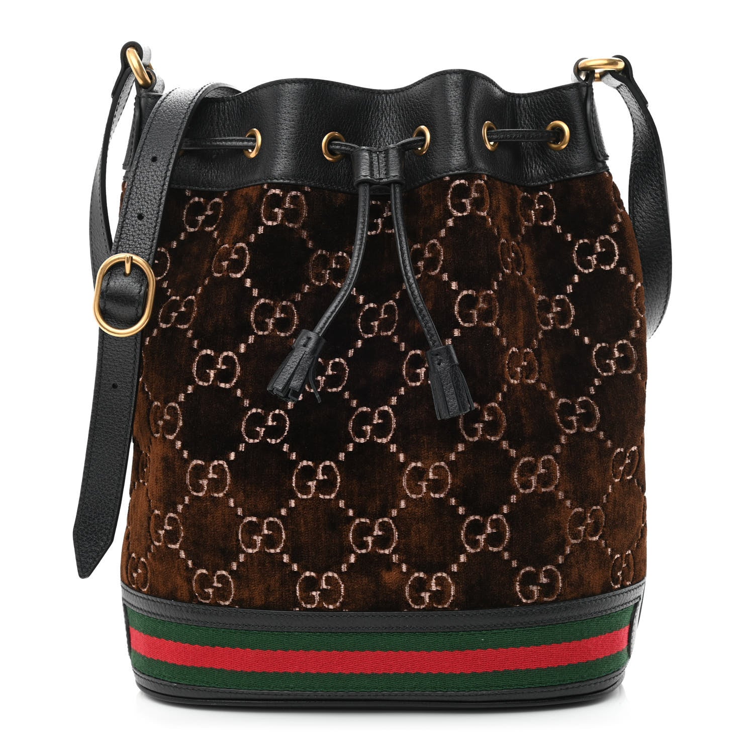 Gucci Velvet GG Monogram Textured Calfskin Web Bucket Bag Brown Black ...