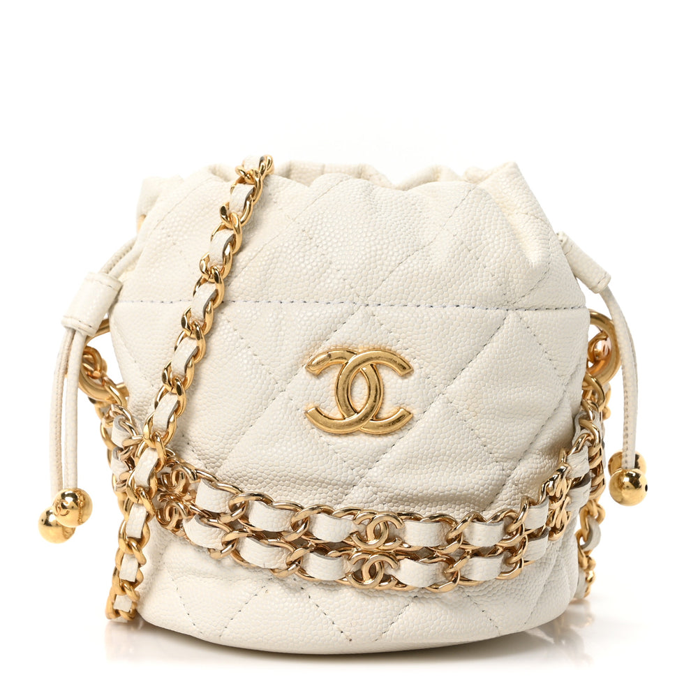Chanel Caviar Quilted Mini Chain Drawstring Bucket Bag White 1771172 ...