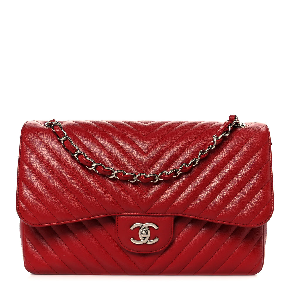 Chanel Caviar Chevron Quilted Jumbo Double Flap Dark Red 1784961 ...