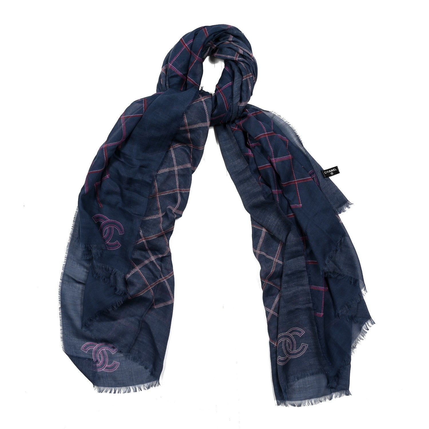 Chanel Cotton Cashmere Quilted CC Logo Stole Navy Pink 1255397 ...