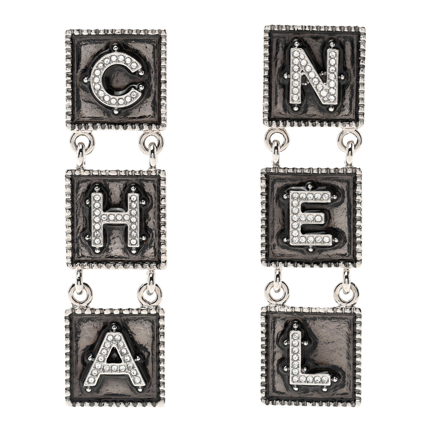 Chanel Metal Crystal Cha-Nel Logo Drop Earrings Silver 1279158 ...