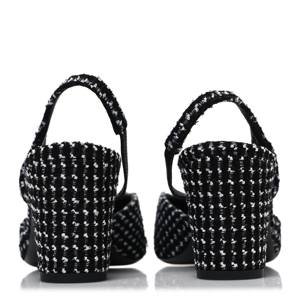 Chanel Tweed Grosgrain Cap Toe CC Slingback Pumps 40.5 Black White ...