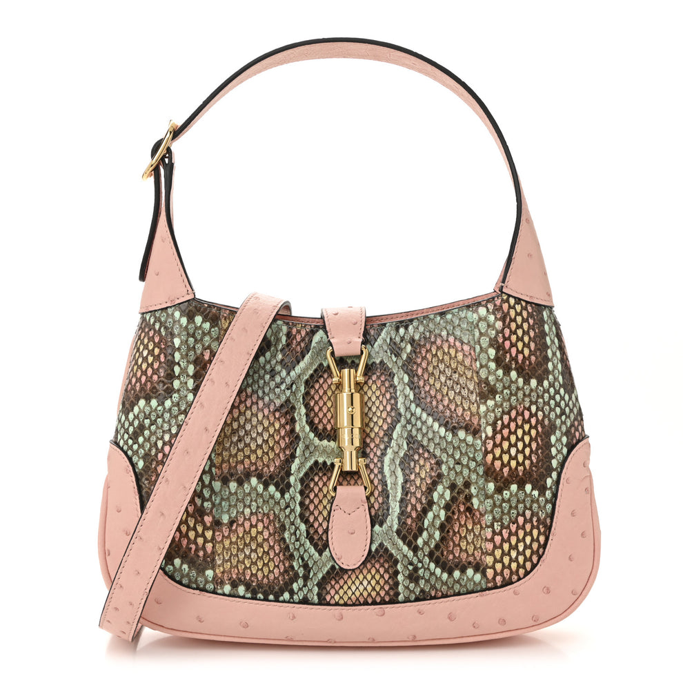 Gucci Snakeskin Ostrich Calfskin Small Jackie 1961 Hobo Pink Multicolor