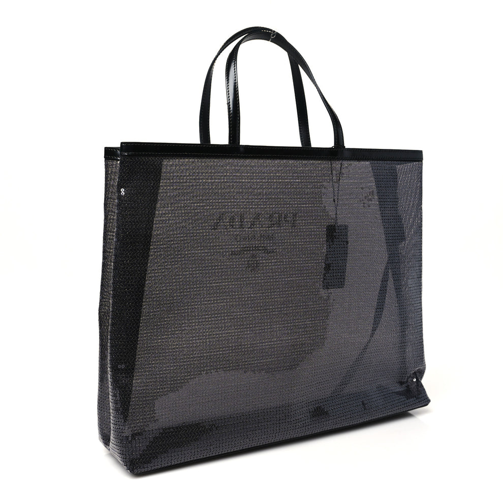 Prada Mesh Sequin Spazzolato Logo Tote Black 1784533 – FASHIONPHILE