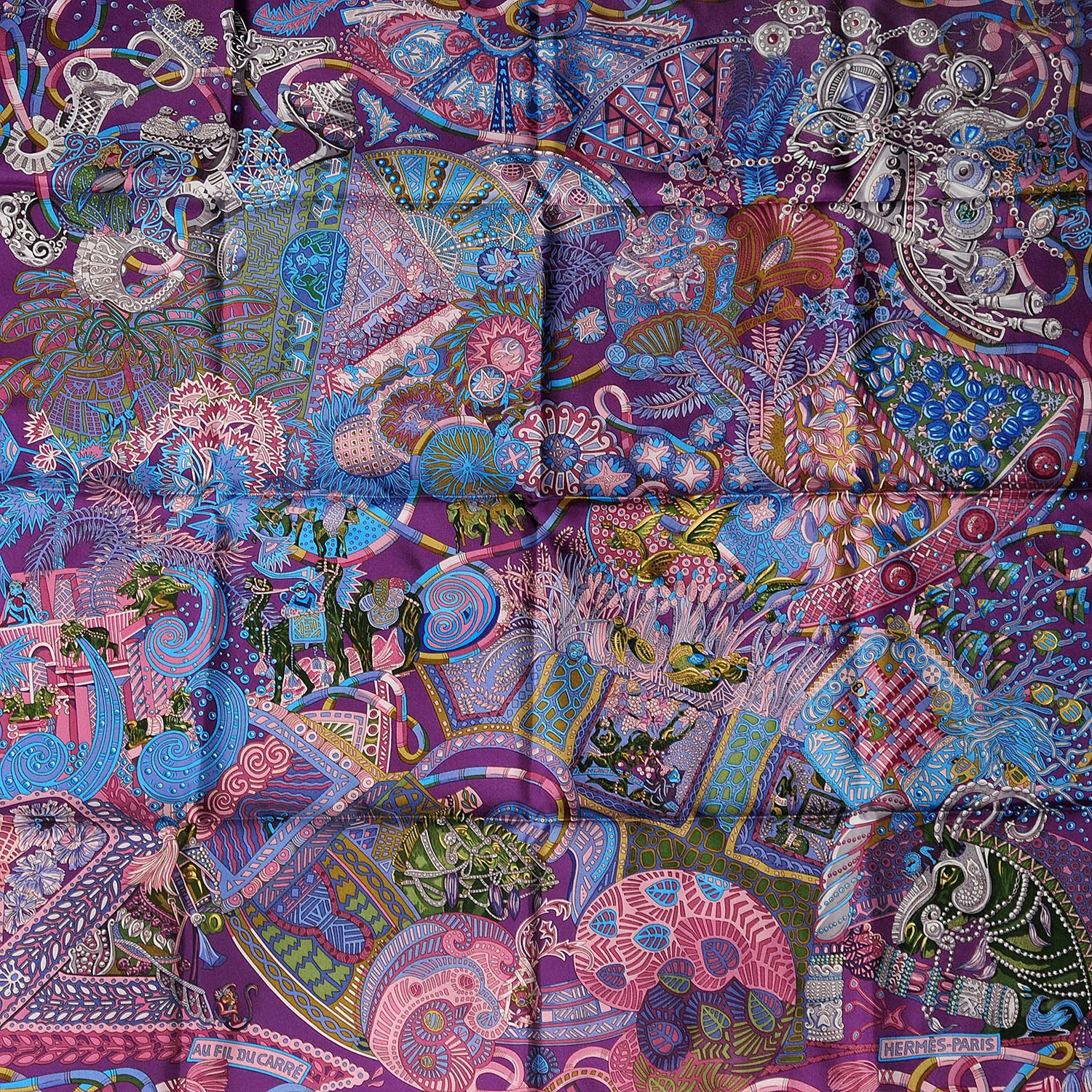 Hermes Silk Au Fil Du Carre Scarf 90 Violet Vieux Rose Vert 82847 ...