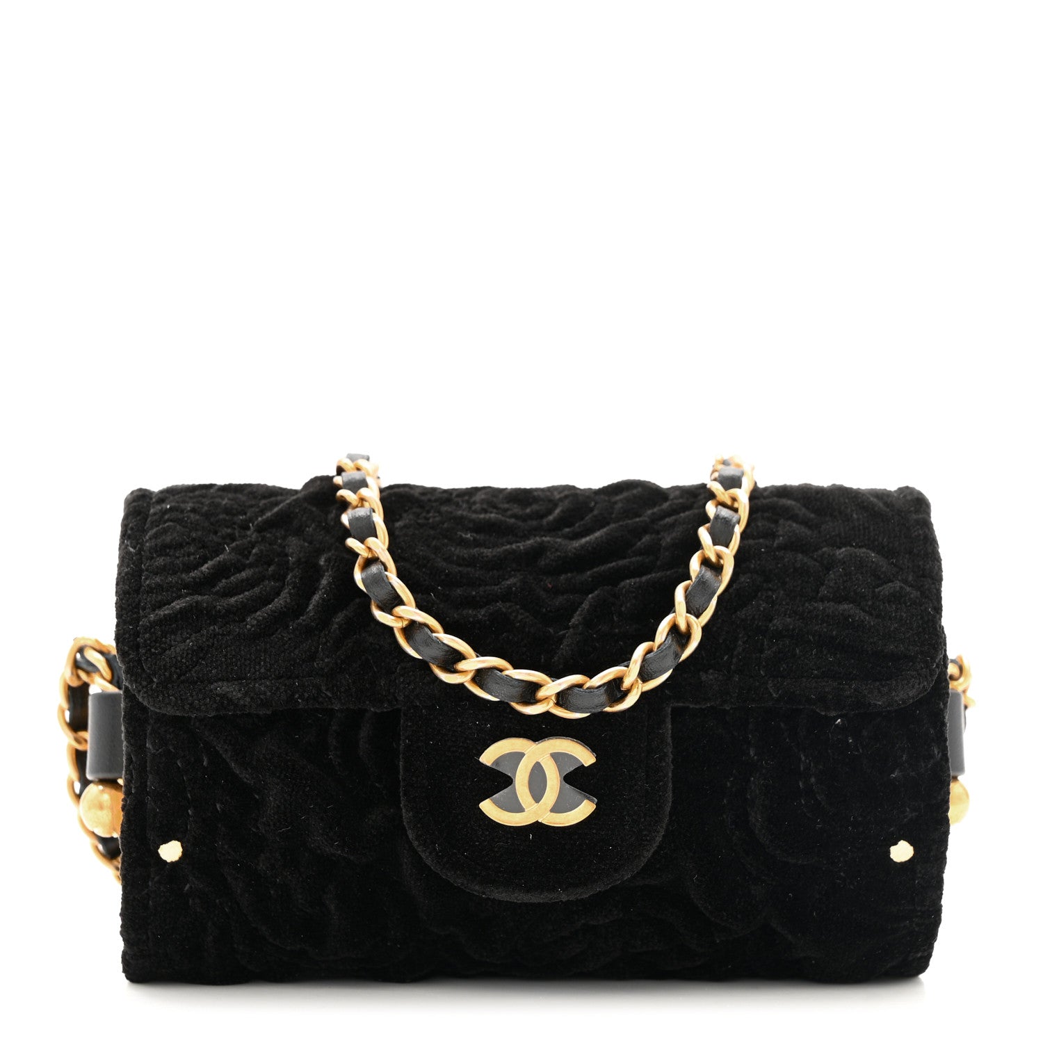 Chanel Velvet Camellia Embossed Jewel Belt Card Holder With Chain Black ...
