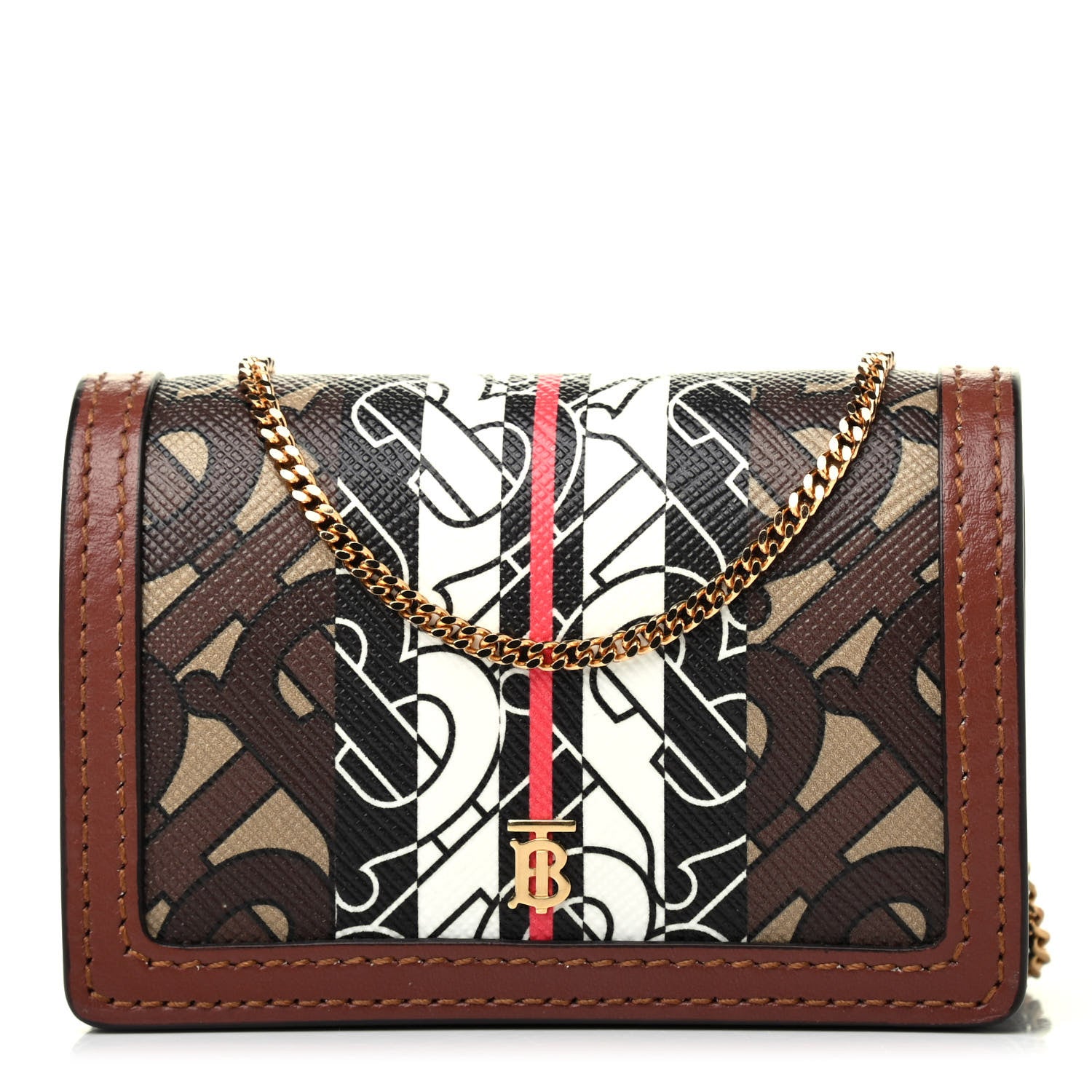 Burberry E-Canvas Monogram Stripe Jessie Chain Card Case Bridle Brown ...