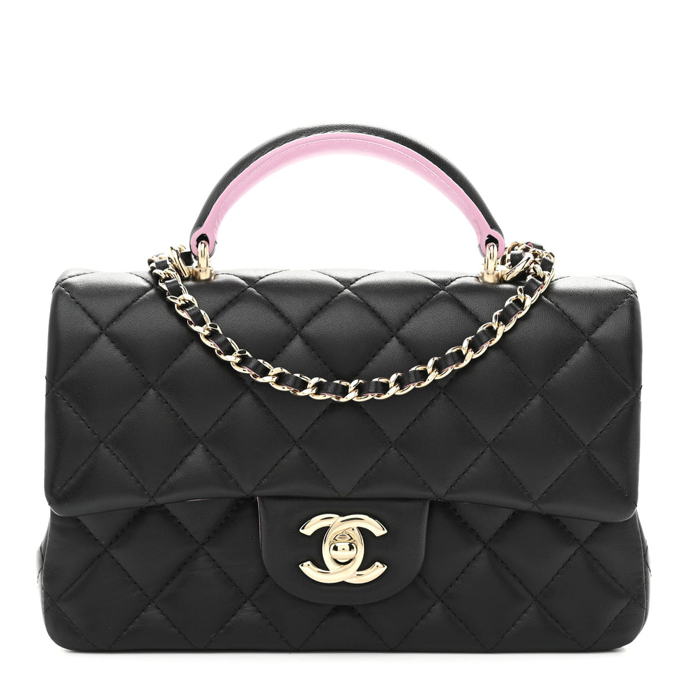 Chanel Lambskin Quilted Bi-Color Mini Top Handle Rectangular Flap Black ...