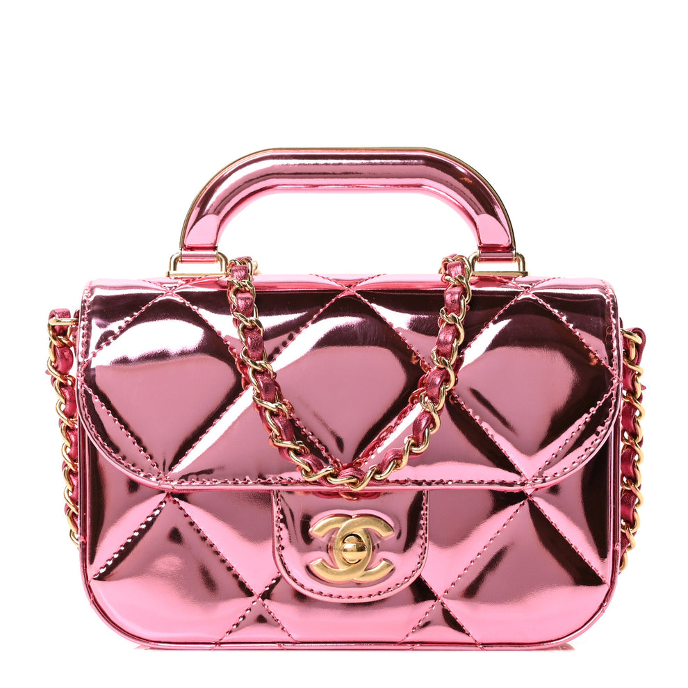 Chanel Mirror Metallic Calfskin Quilted Mini Top Handle Flap Pink ...