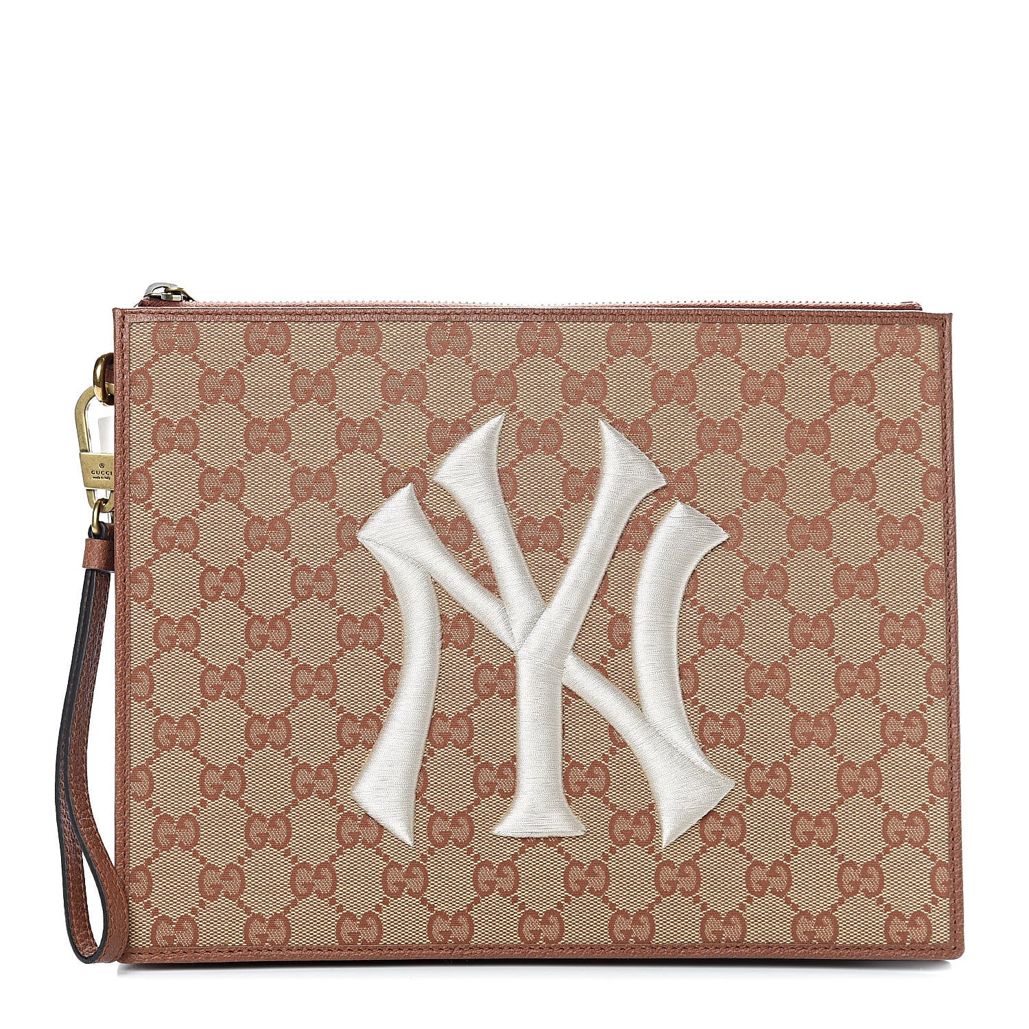 Gucci X MLB GG Monogram NY Yankees Zip Wristlet Pouch Beige Ruggine ...