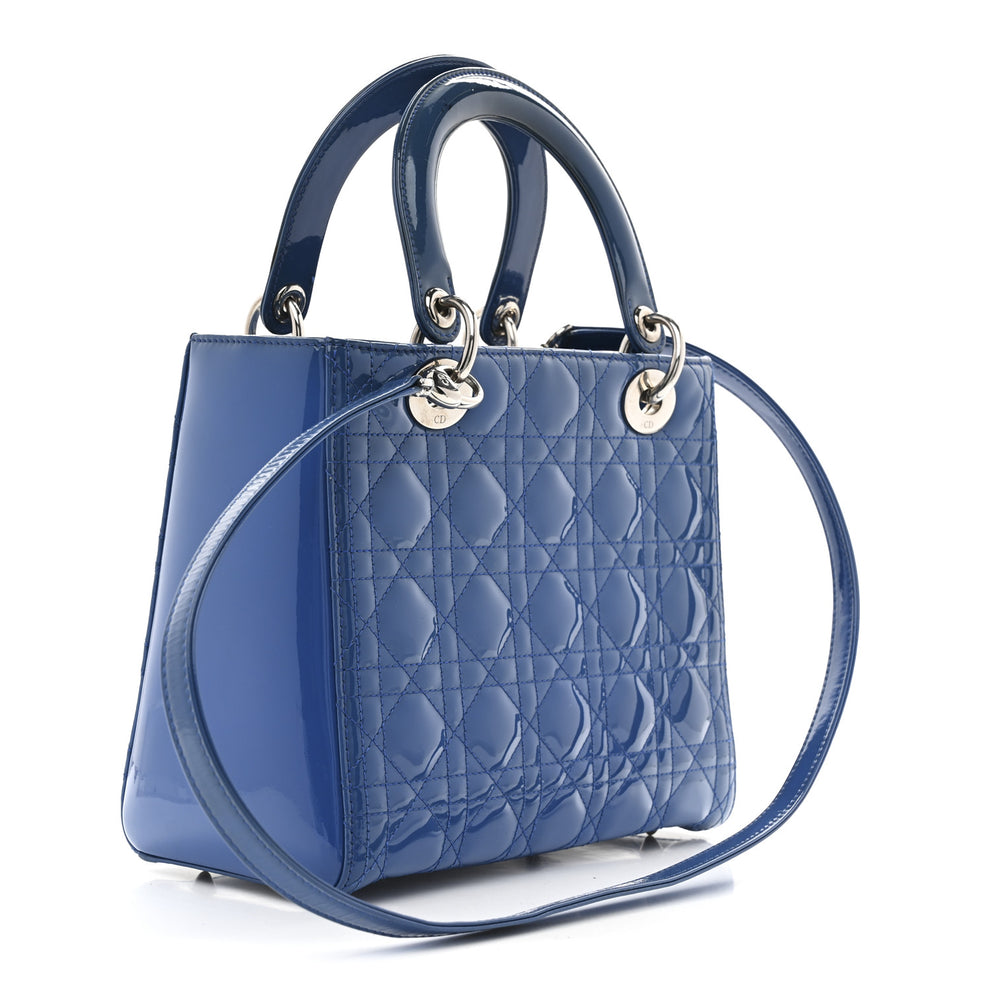 Christian Dior Patent Cannage Medium Lady Dior Blue 1777282 – FASHIONPHILE