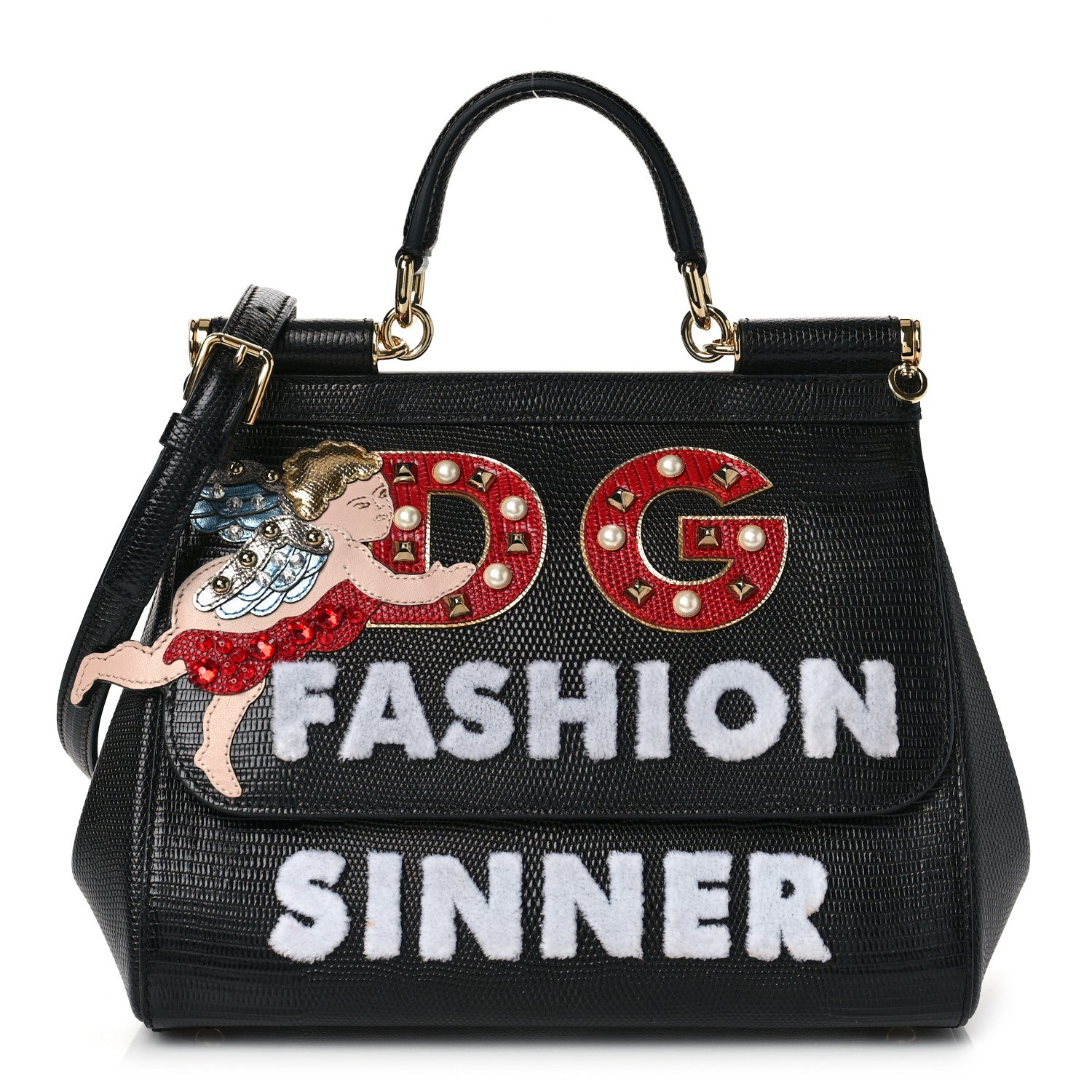 Dolce & Gabbana Calfskin Iguana Embossed Studded Medium Fashion Sinner ...
