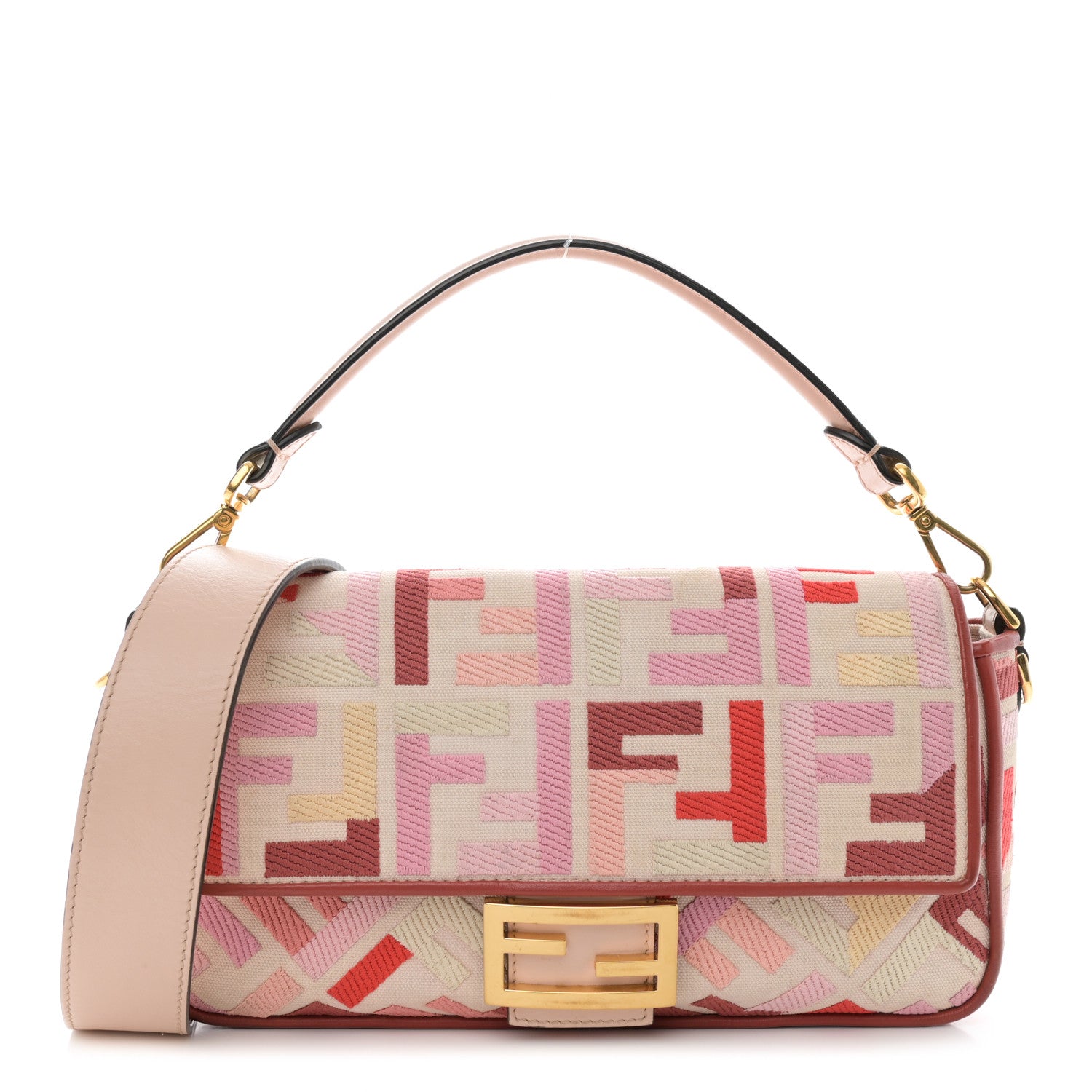 Fendi Canvas Vitello King FF Embroidered Baguette Rosa Quarzo Bloody ...