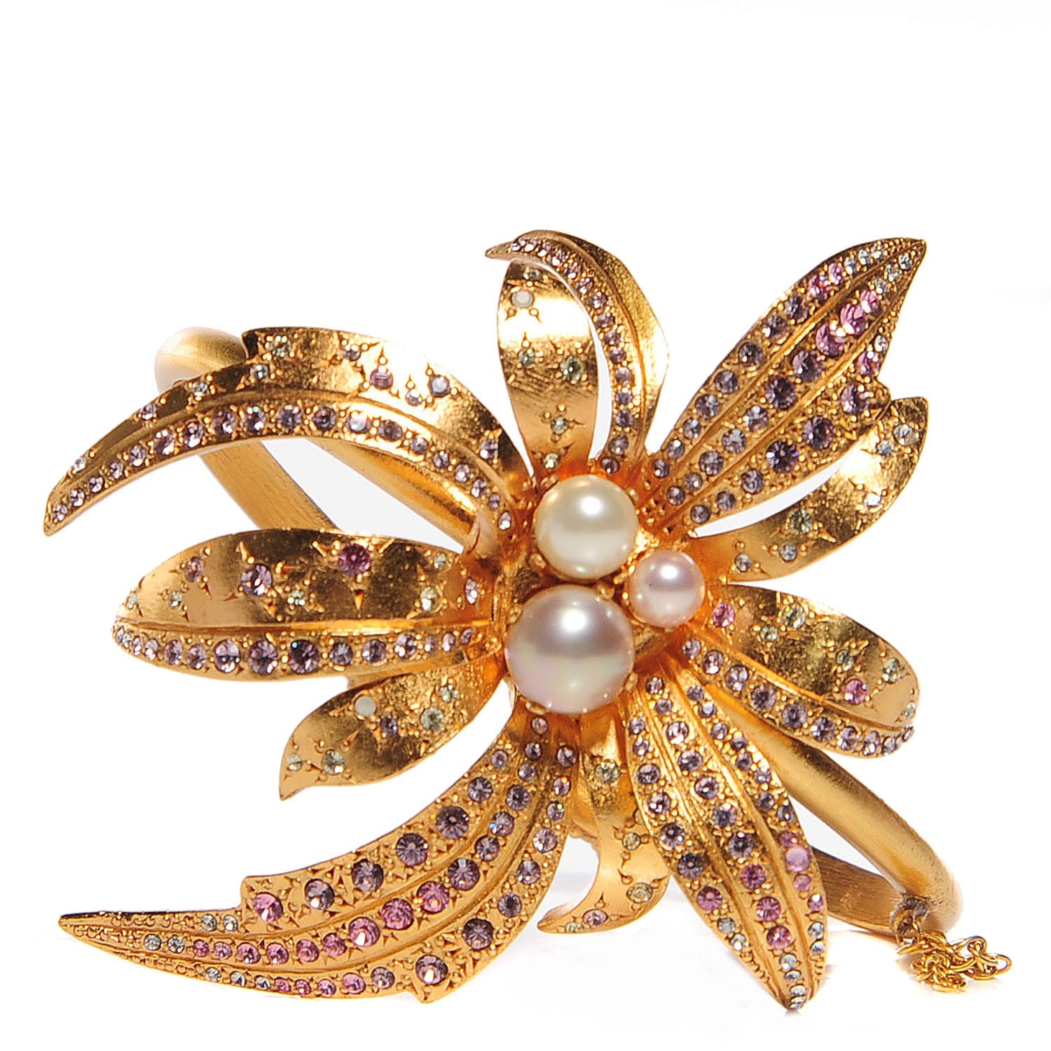 Chanel Pearl Crystal Flower Cuff Gold 108682 – FASHIONPHILE