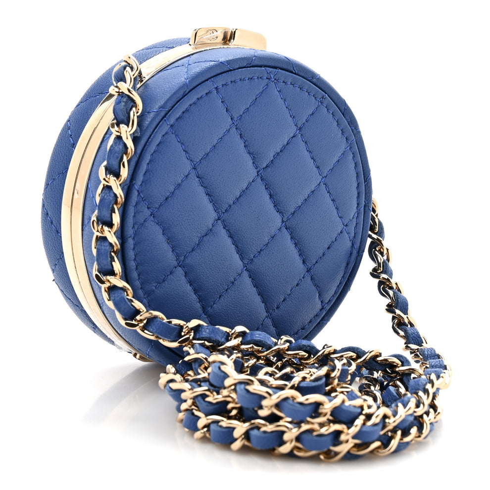Chanel Lambskin Enamel Quilted Round Poker Chip Clutch With Chain Blue ...