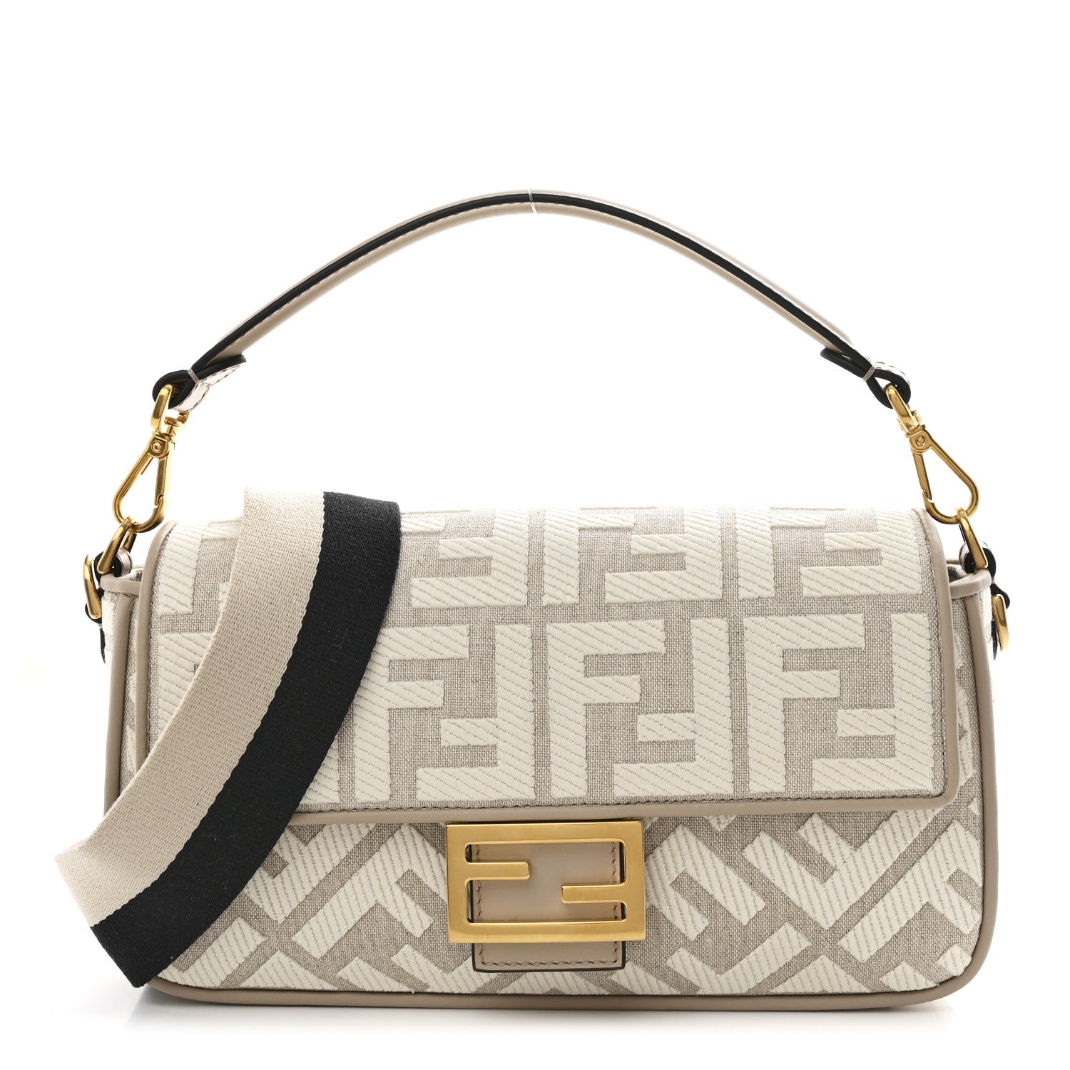 Fendi Canvas Vitello King FF Embroidered Baguette Grezzo White Nuvola ...