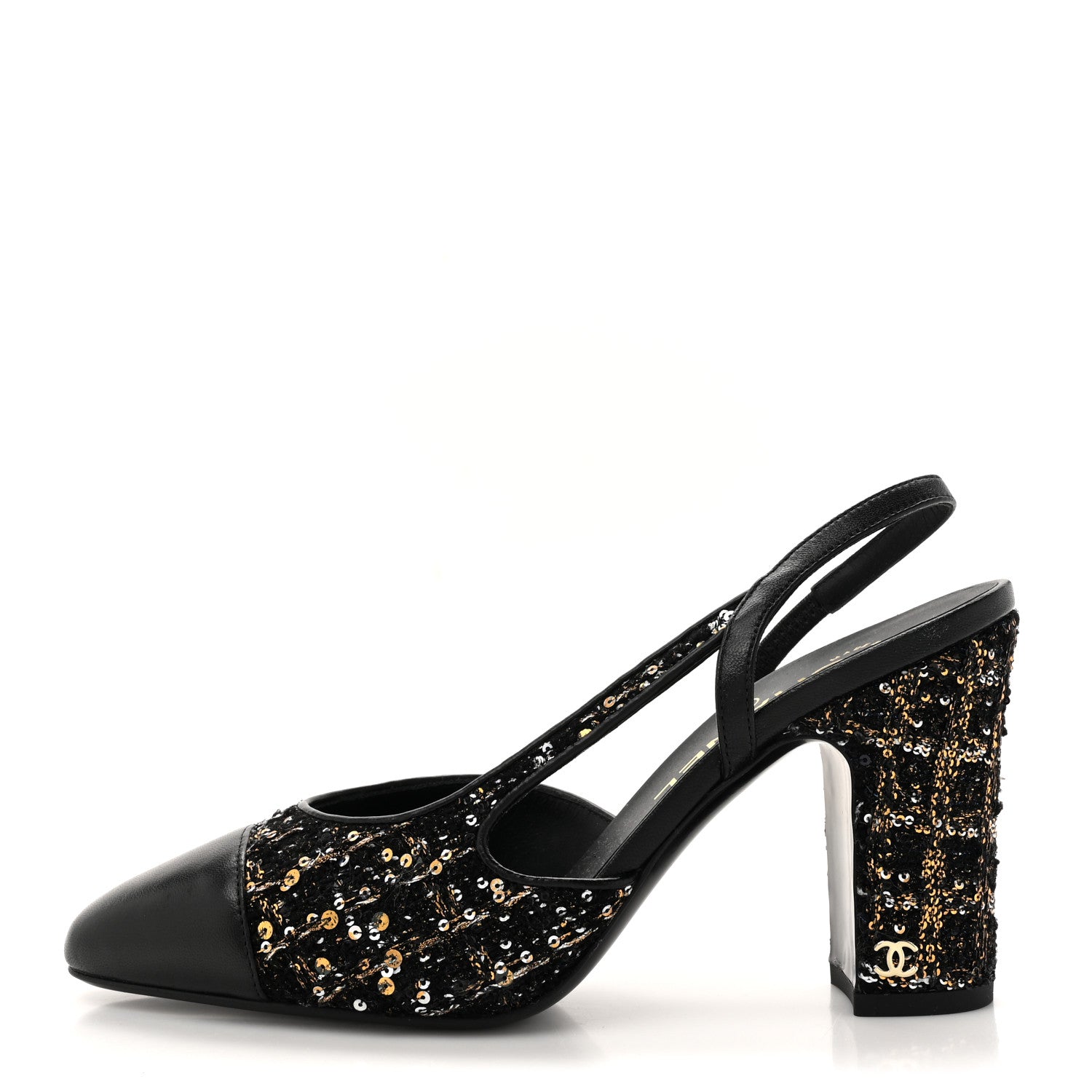 Chanel Tweed Sequins Goatskin Cap Toe CC Slingback Pumps 37 Black White ...