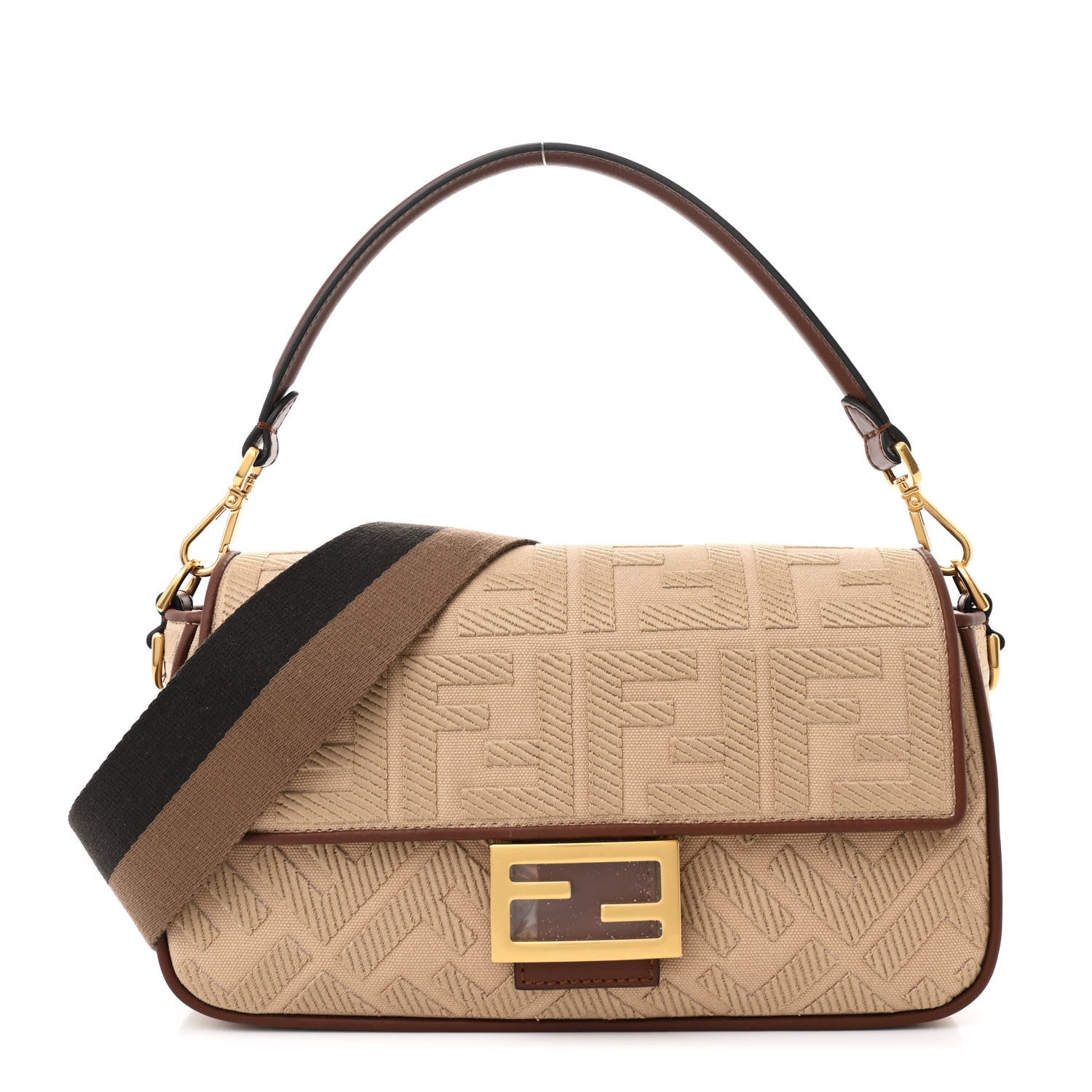 Fendi Canvas Vitello King FF Embroidered Baguette Sand Ghianda 1676435 ...