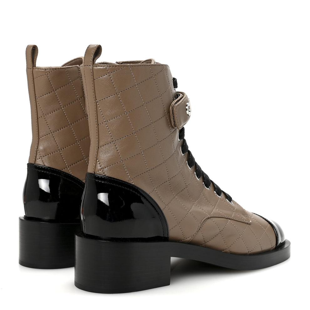 Chanel Lambskin Patent Calfskin Quilted Logo Lace Up Combat Boots 40.5 ...