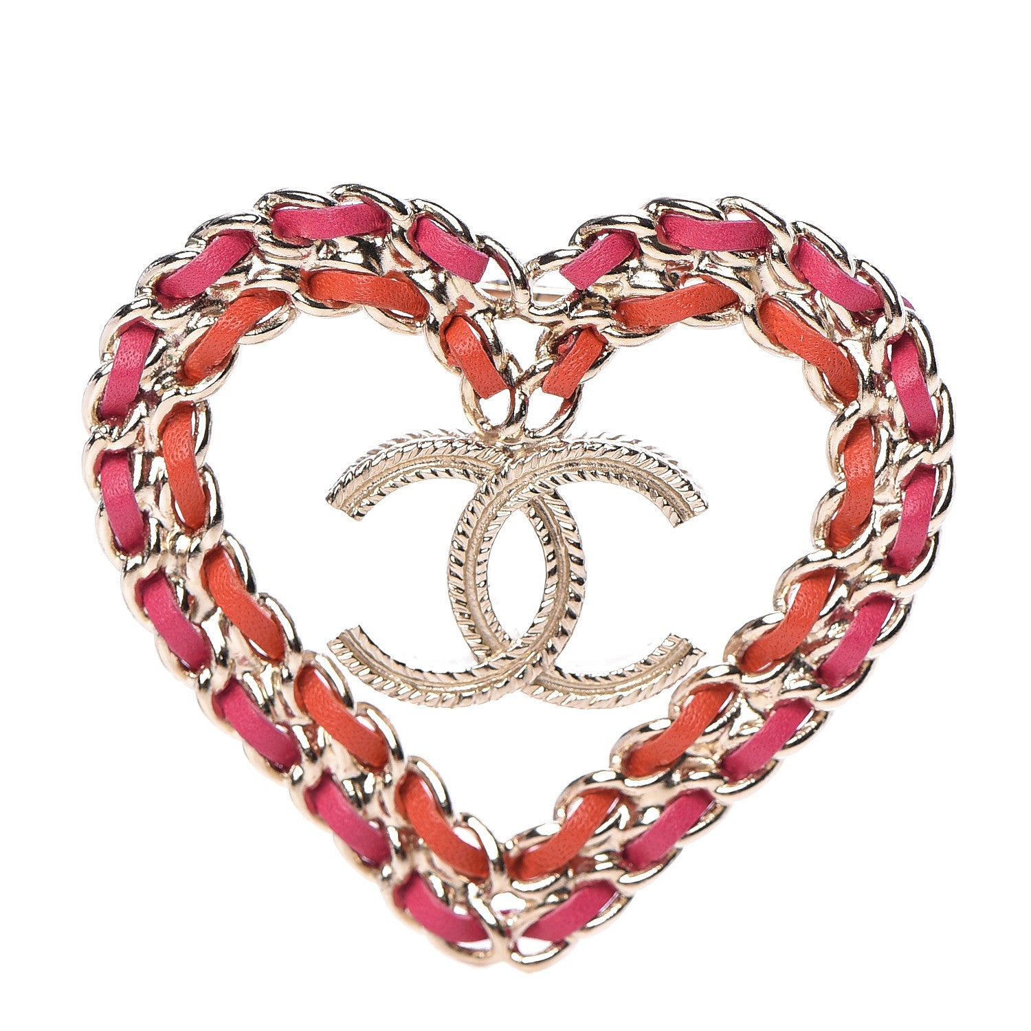Chanel Metal Calfskin Braided Heart CC Brooch Pink Red Gold 484687 ...