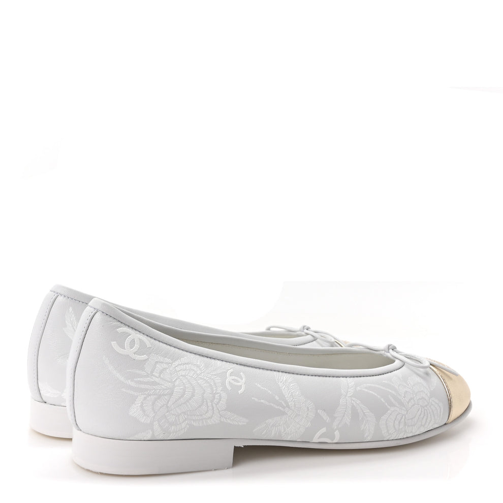 Chanel Lambskin Metallic Lambskin Cap Toe CC Ballet Flats 36 White Gold ...