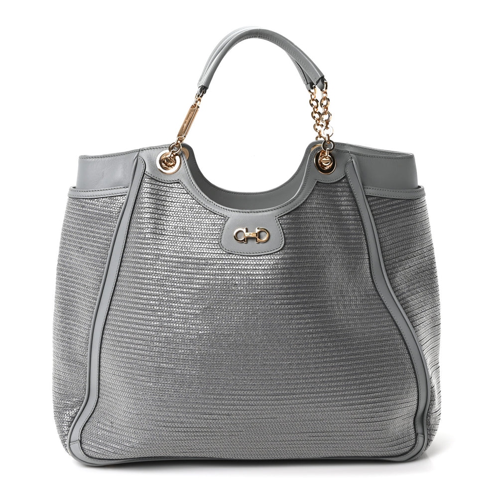 Salvatore Ferragamo Calfskin Raffia Betulla Tote Grey 1867471 ...
