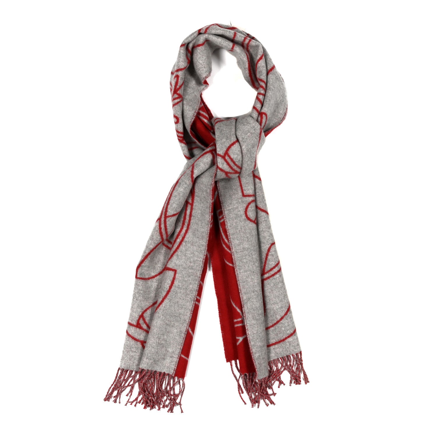 Hermes Cashmere Casaque Entrelacs Equestres Muffler Gris Clair Rouge ...
