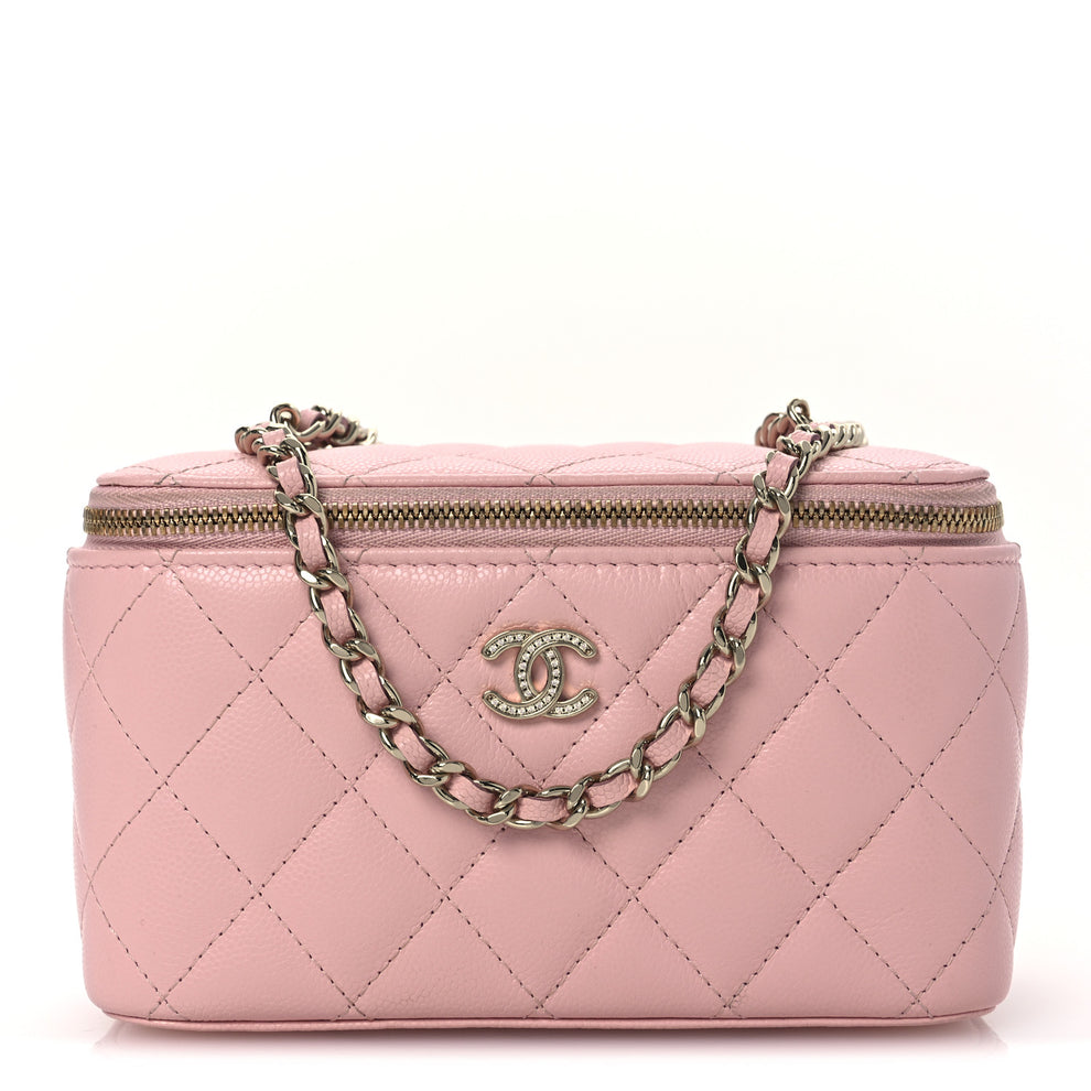 Chanel Caviar Quilted Crystal CC Logo Vanity Case With Chain Pink ...