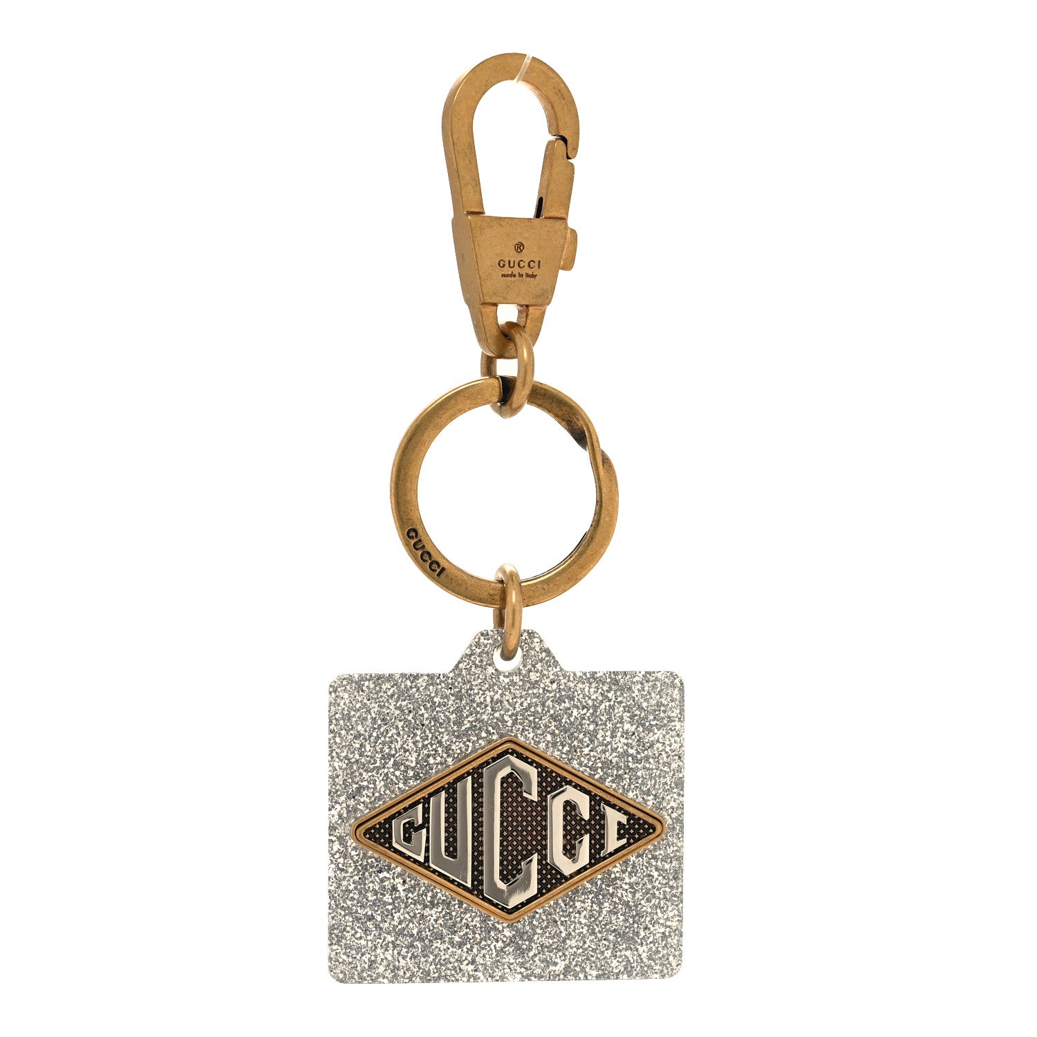 Gucci Metal Glitter Plexiglass Game Patch Logo Key Charm Silver Aged ...
