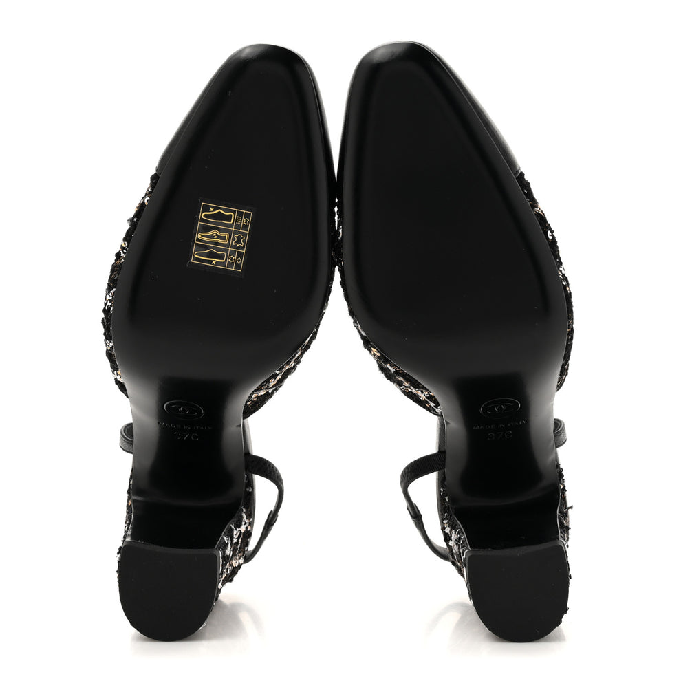 Chanel Tweed Sequins Goatskin Cap Toe CC Slingback Pumps 37 Black White ...