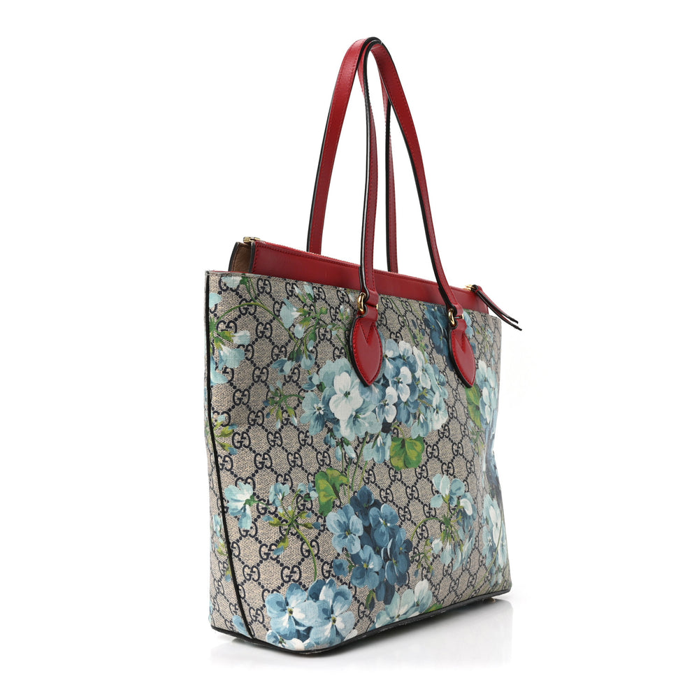 Gucci GG Supreme Monogram Blooms Medium Zippered Bucket Tote Beige Blue ...