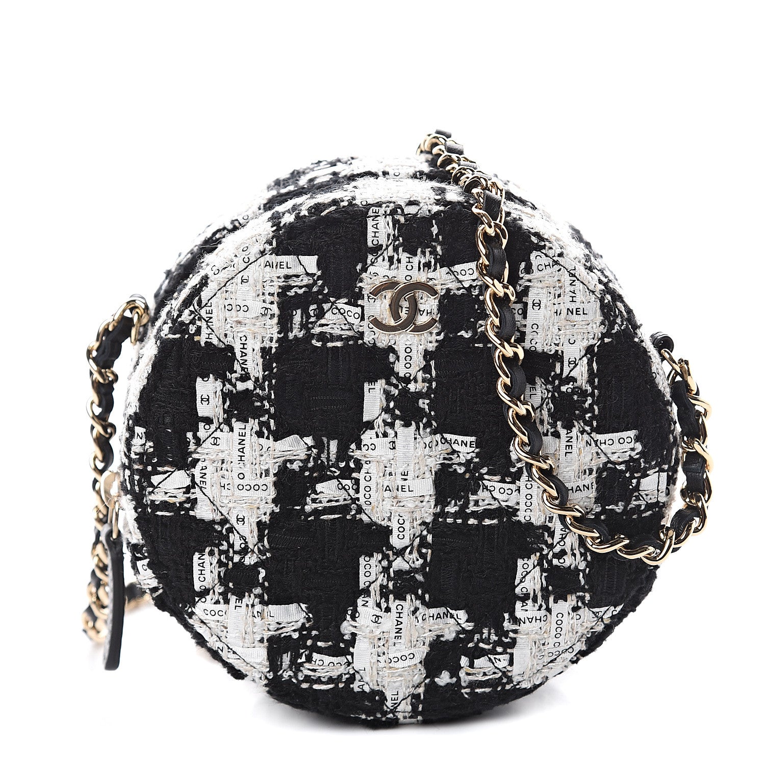 Chanel Tweed Quilted Round Clutch With Chain Black Ecru White 560544 ...