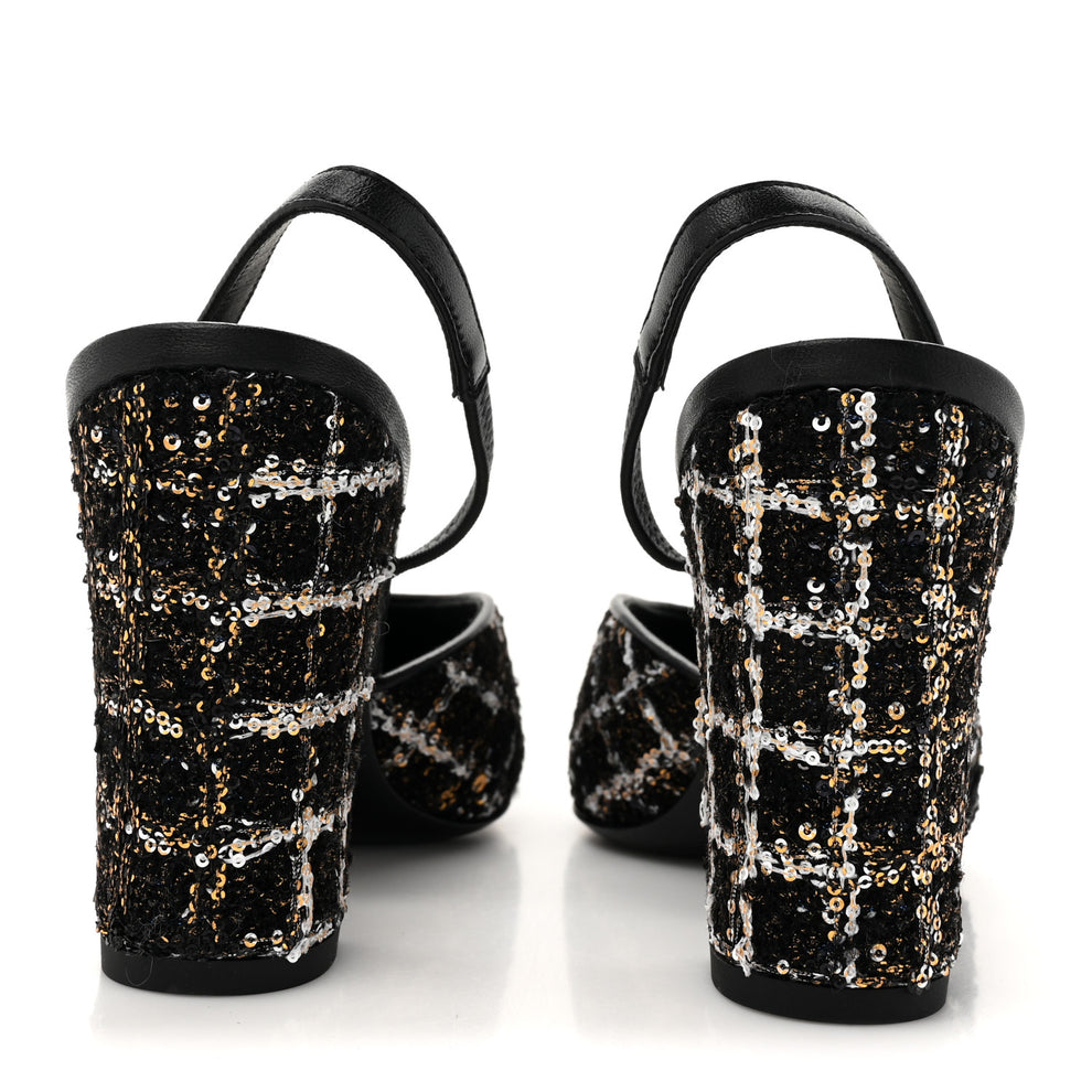 Chanel Tweed Sequins Goatskin Cap Toe CC Slingback Pumps 37 Black White ...