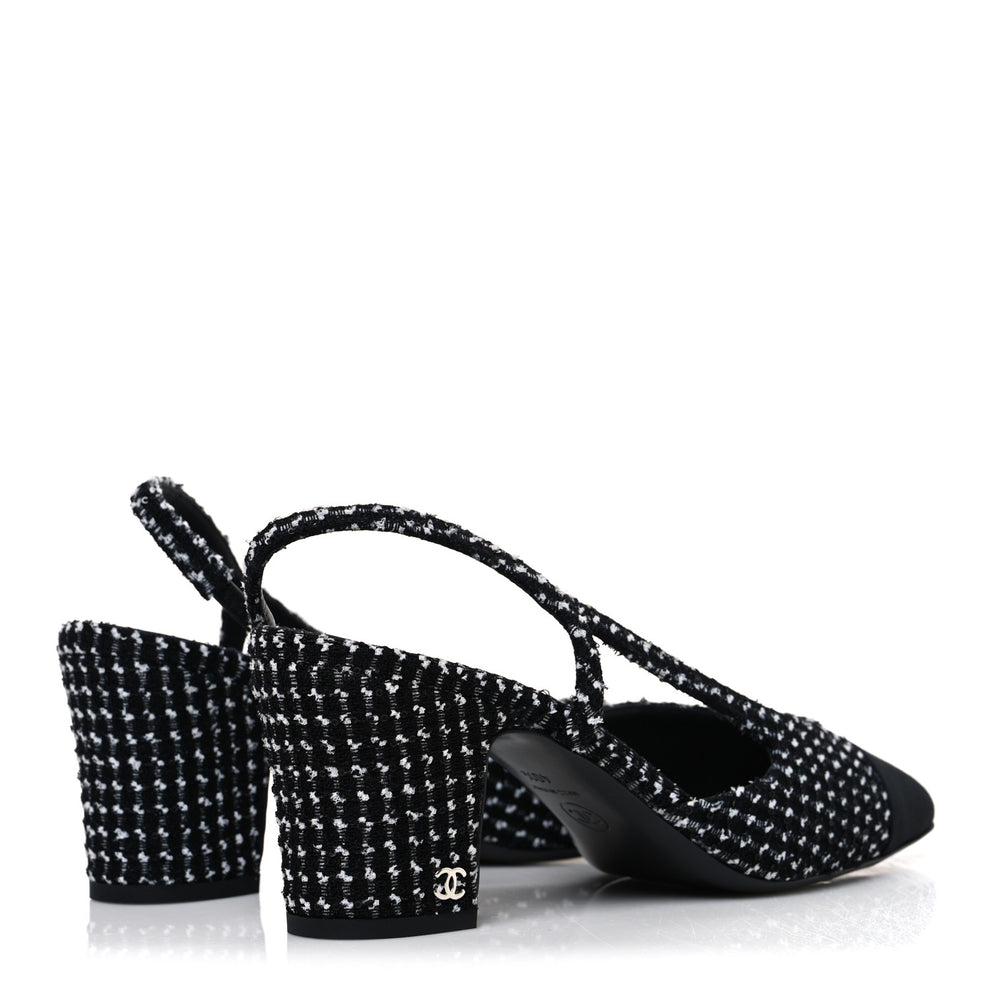 Chanel Tweed Grosgrain Cap Toe CC Slingback Pumps 40.5 Black White ...