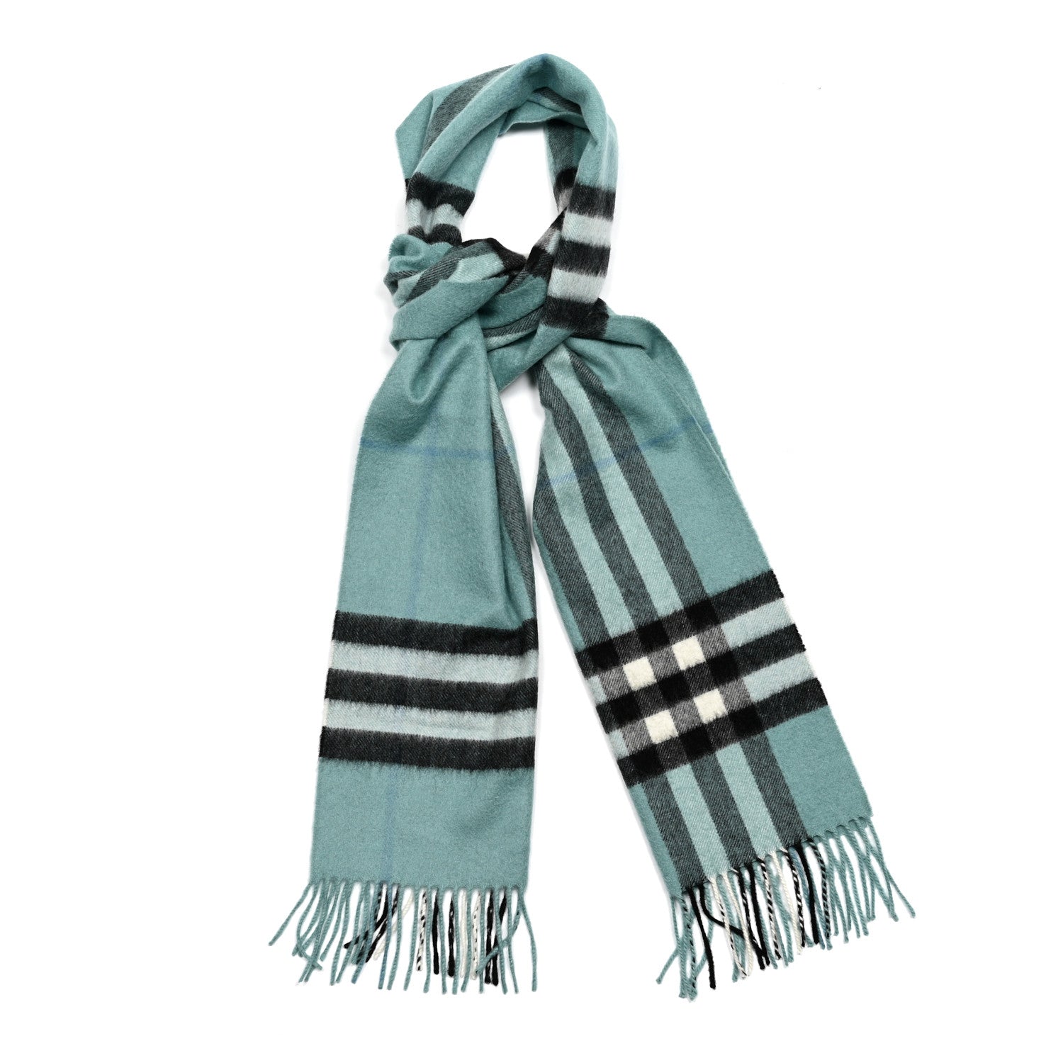 Burberry Cashmere Giant Check Fringe Scarf Aqua 1236950 – FASHIONPHILE