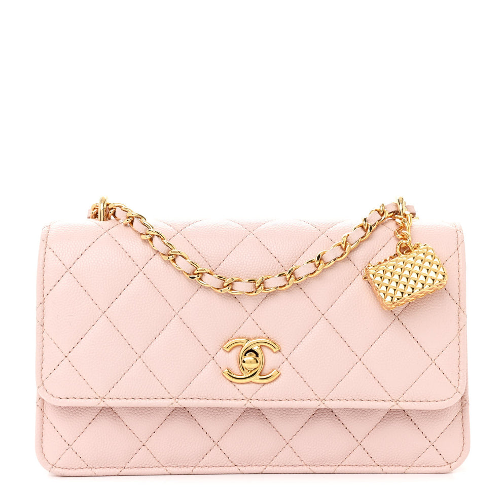 Chanel Shiny Caviar Quilted Flap Charm Wallet On Chain WOC Light Pink ...