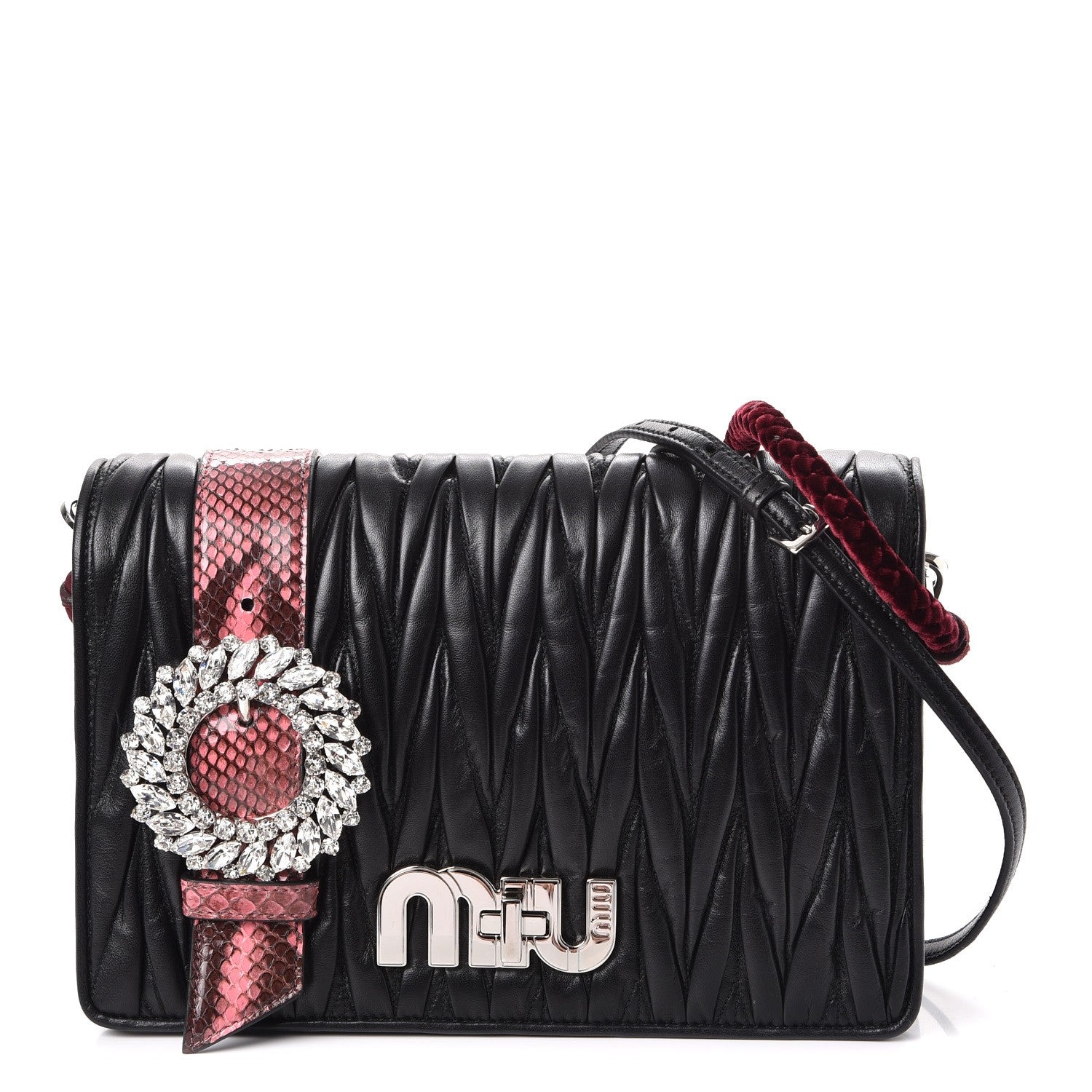 Miu Miu Nappa Matelasse Ayers Crystal Embellished Shoulder Bag Nero ...