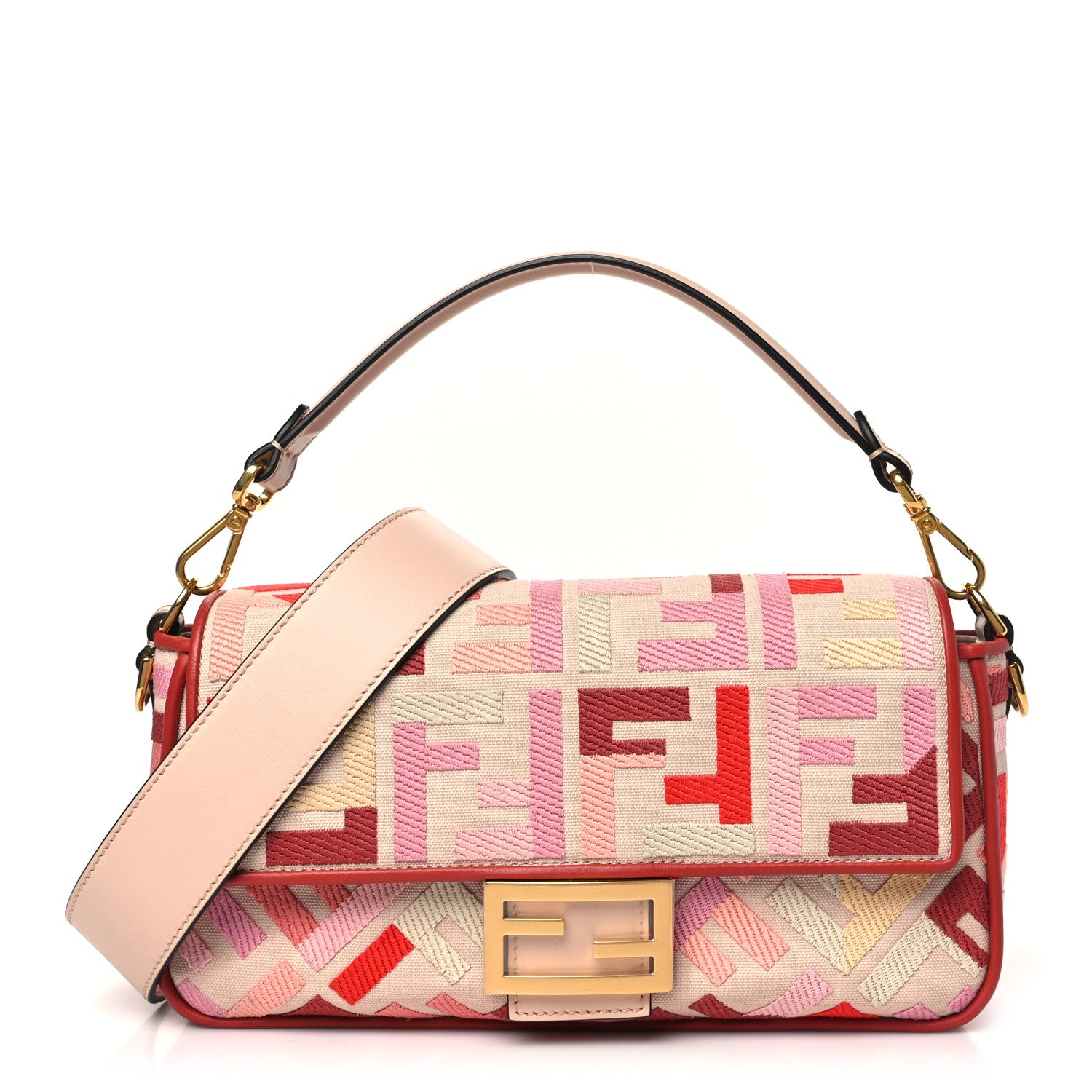 Fendi Canvas Vitello King FF Embroidered Baguette Rosa Quarzo Bloody ...
