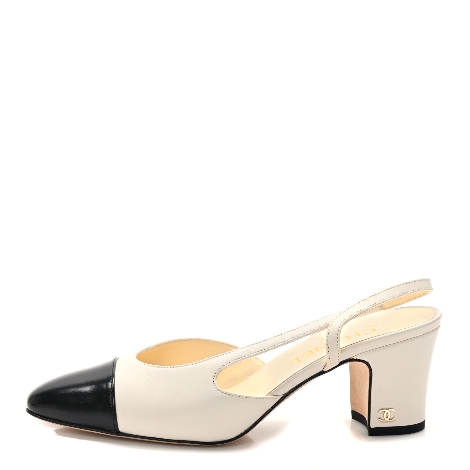 Chanel Glazed Calfskin Cap Toe CC Slingback Pumps 38 Ivory Black ...