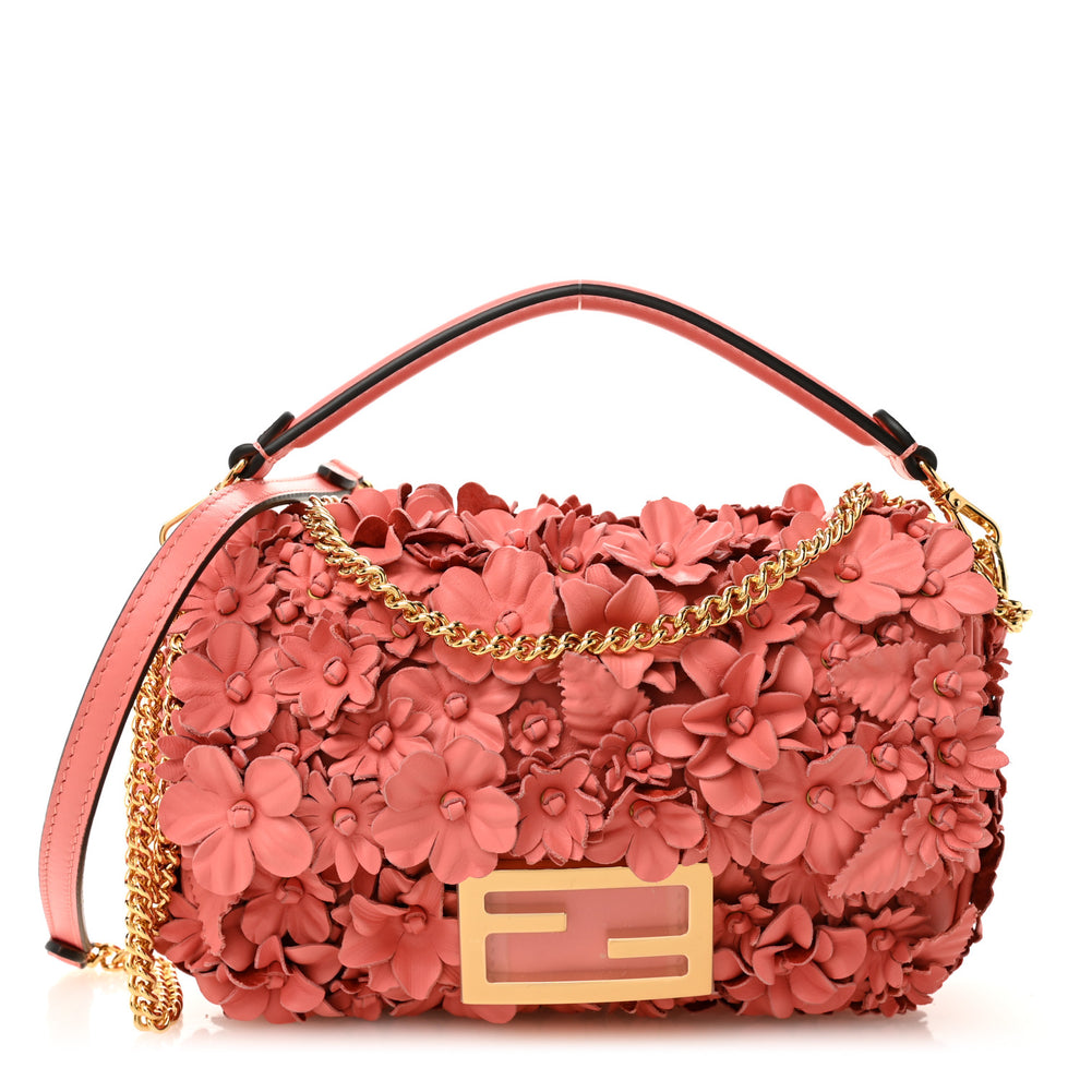 Fendi Vitello Grace 3D Floral Embroidered Flower Mini Baguette Rosa ...