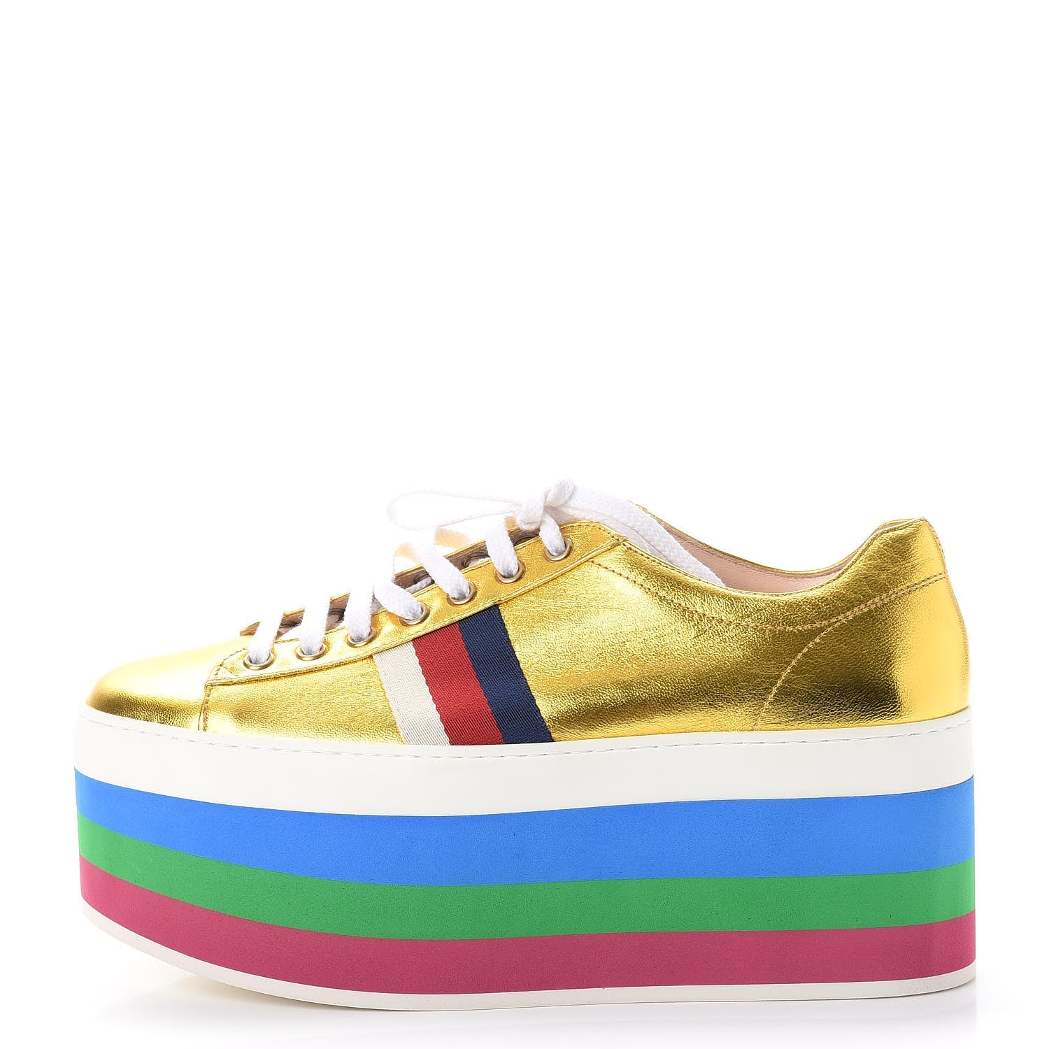 Gucci Metallic Nappa Sylvie Web Peggy Platform Sneakers 38.5 Oro ...