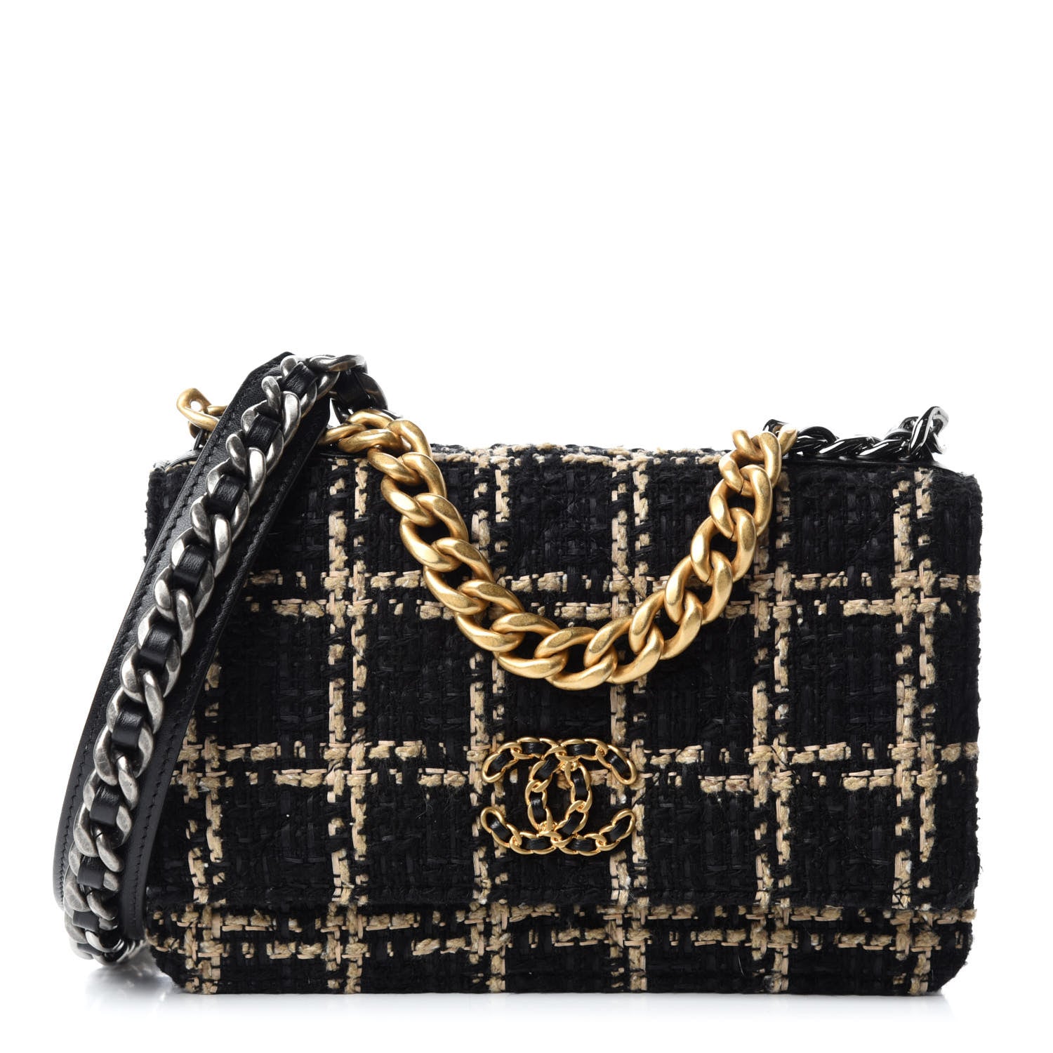 Chanel Tweed Quilted Chanel 19 Wallet On Chain WOC Black Beige 740091 ...