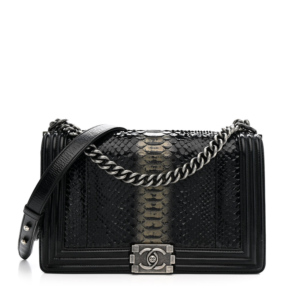 Chanel Patent Calfskin Snakeskin New Medium Boy Flap Black Silver ...