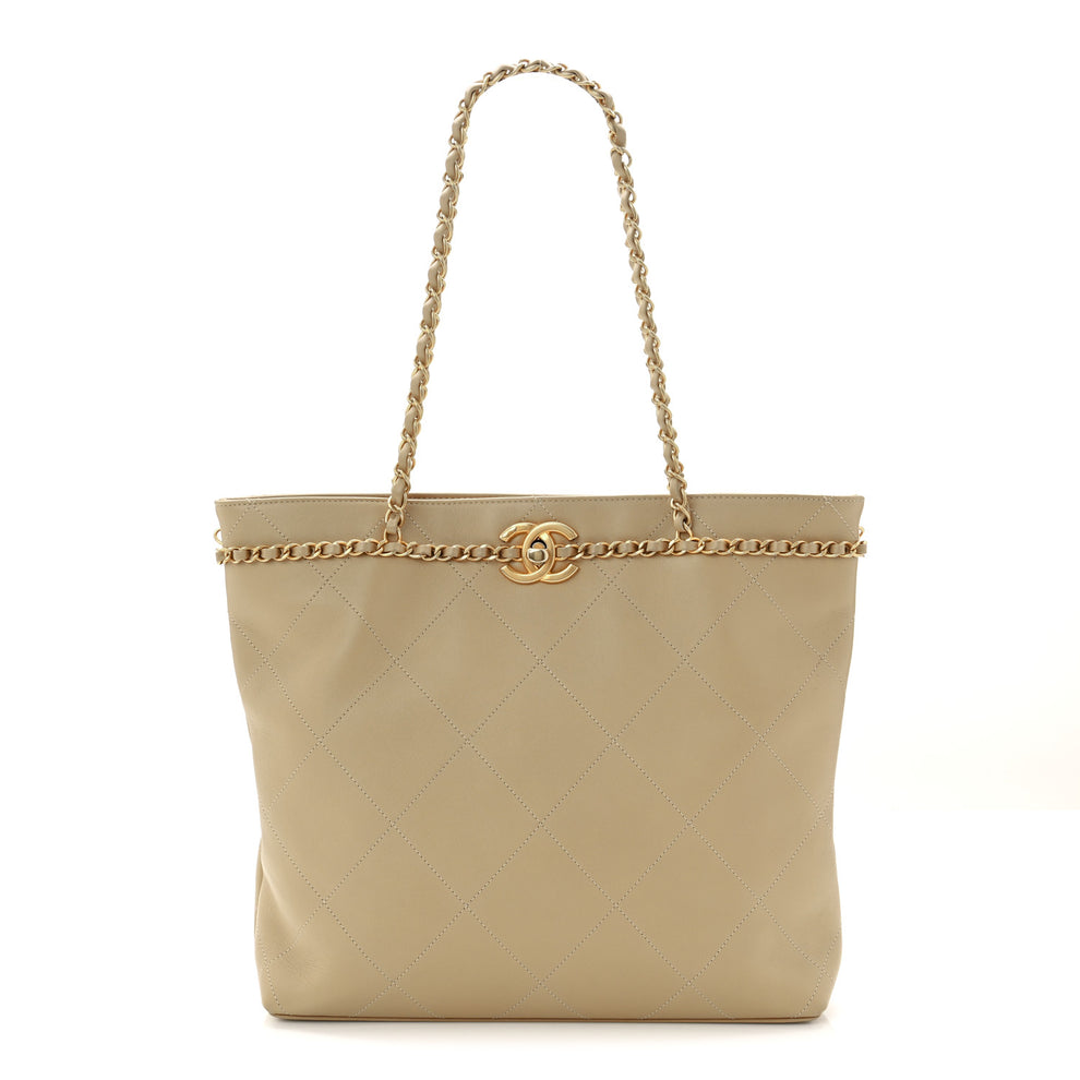 Chanel Calfskin Stitched Small Shopping Tote Dark Beige 1805546 ...