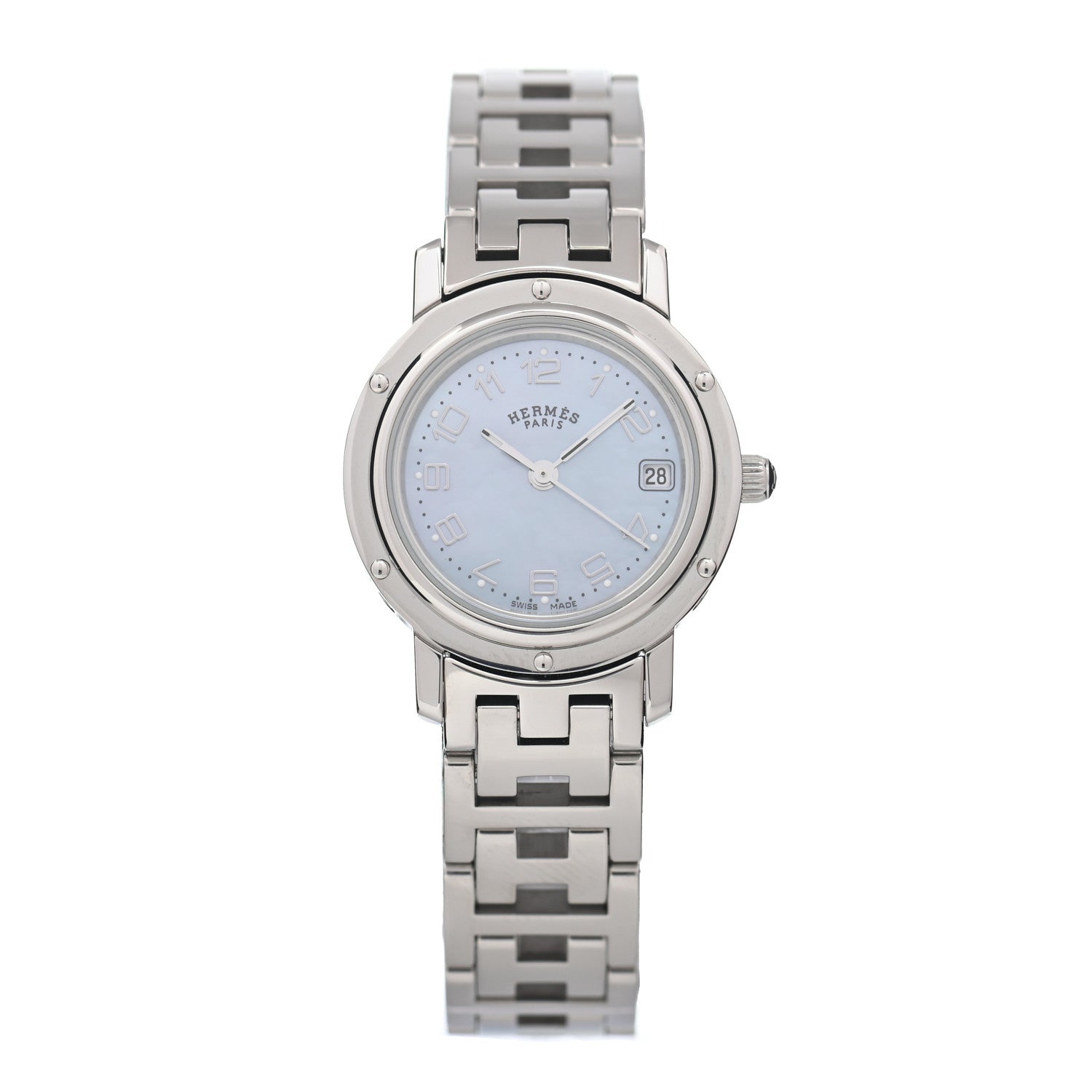 Hermes Stainless Steel Blue Mother of Pearl 24mm Clipper Quartz Watch ...