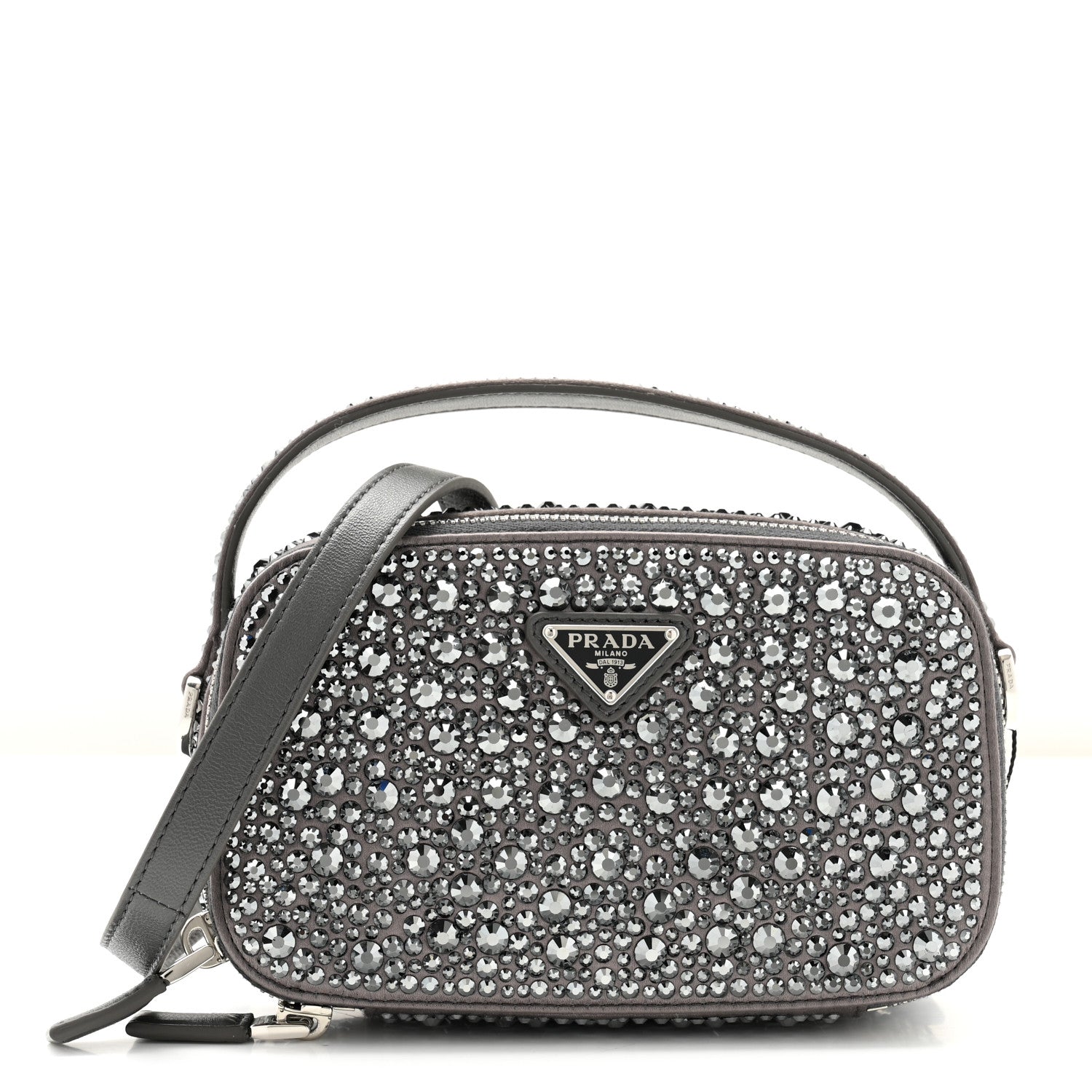 Prada Satin Crystal Metal Triangle Logo Odette Crossbody Fumo 1608016 ...