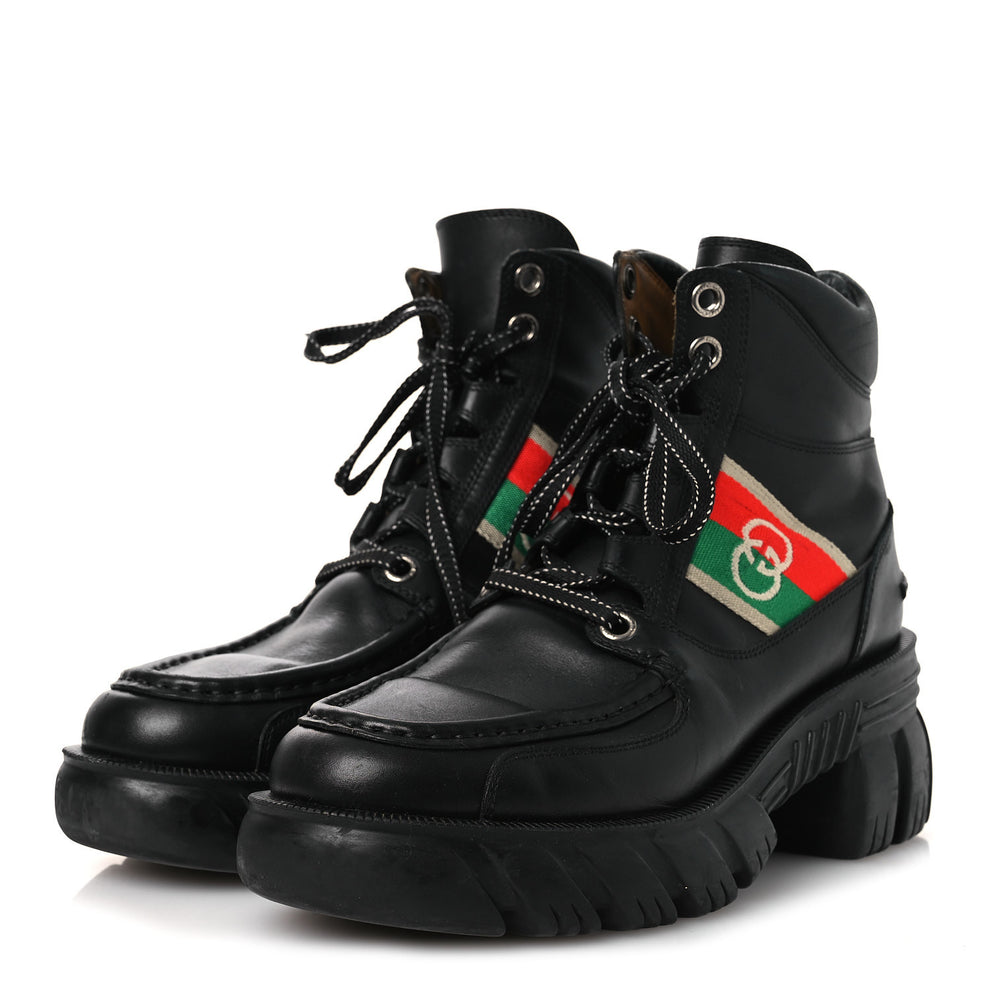 Gucci Quebec Calfskin Web Womens Interlocking G Lace Up Combat Boots 38 ...