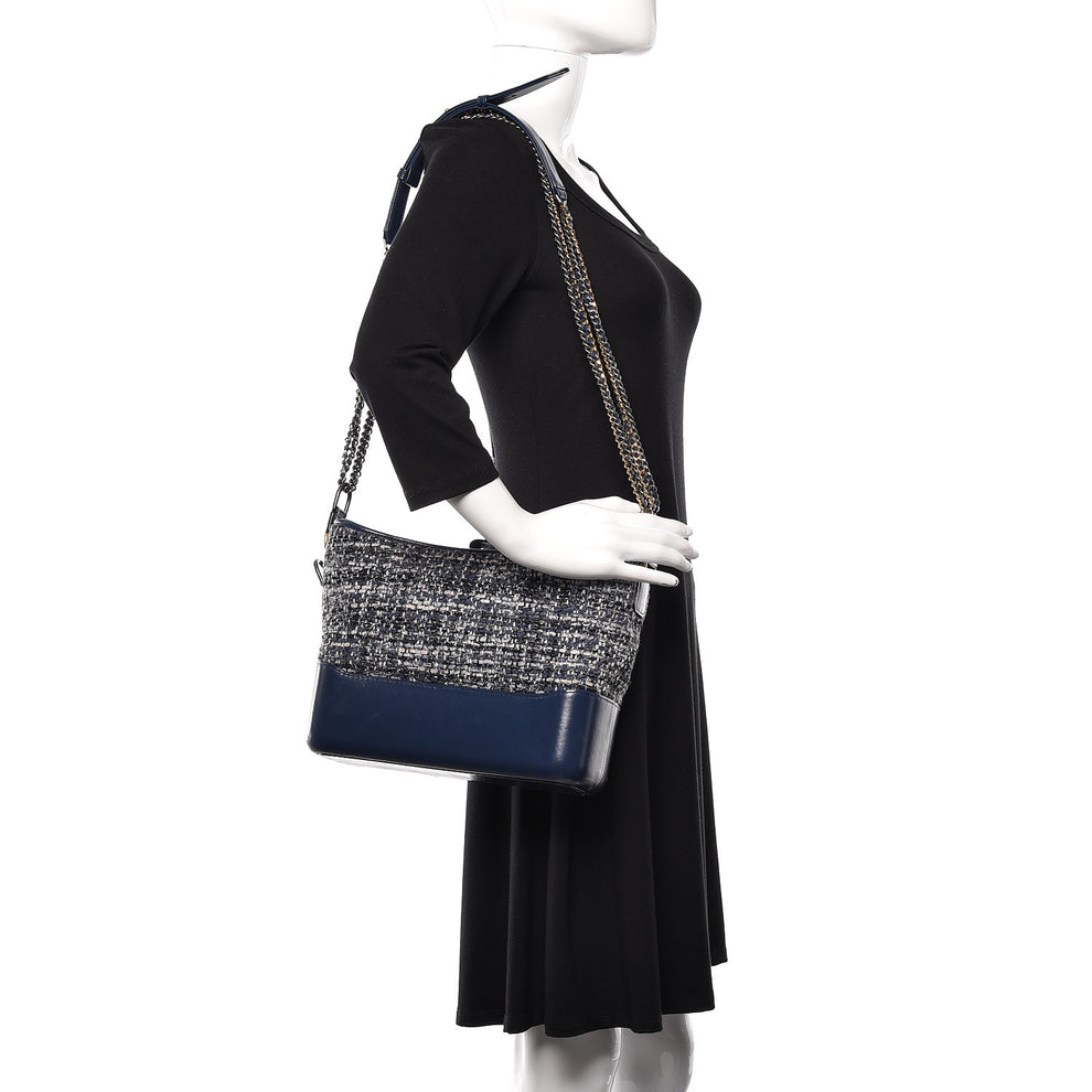 Chanel Tweed Calfskin Quilted Medium Gabrielle Hobo Navy 671525 ...
